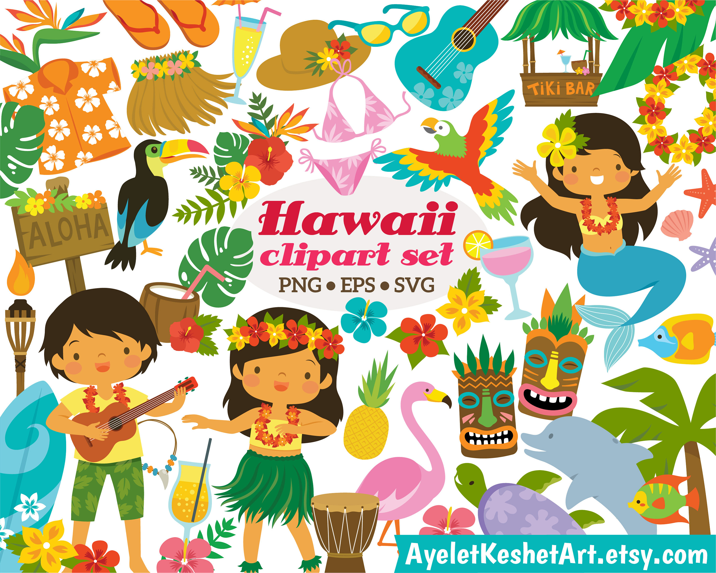 Tropical Clipart Set. Hawaii, Beach and Summer Clipart Bundle for ...