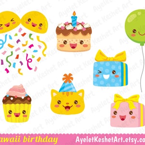 Kawaii Birthday Clipart Set. Cute Kawaii Characters of Birthday Party ...
