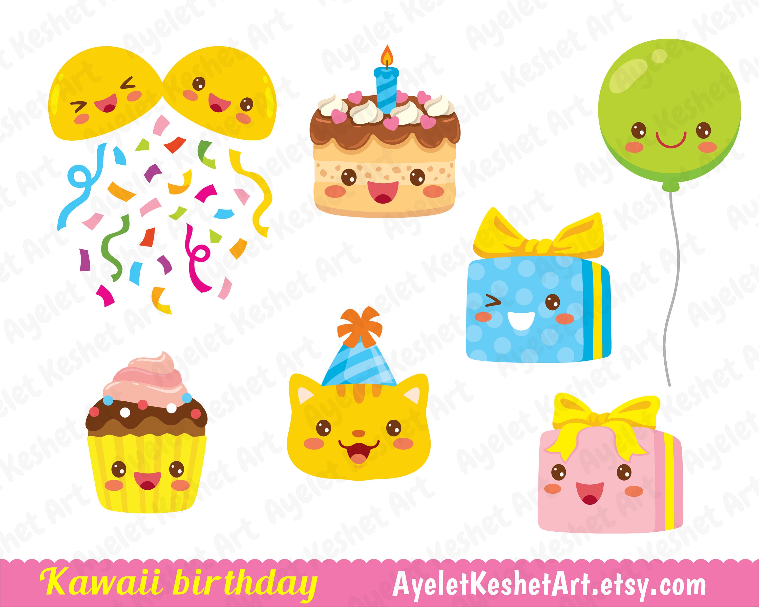Kawaii Birthday Clipart Set. Cute Kawaii Characters of Birthday Party ...