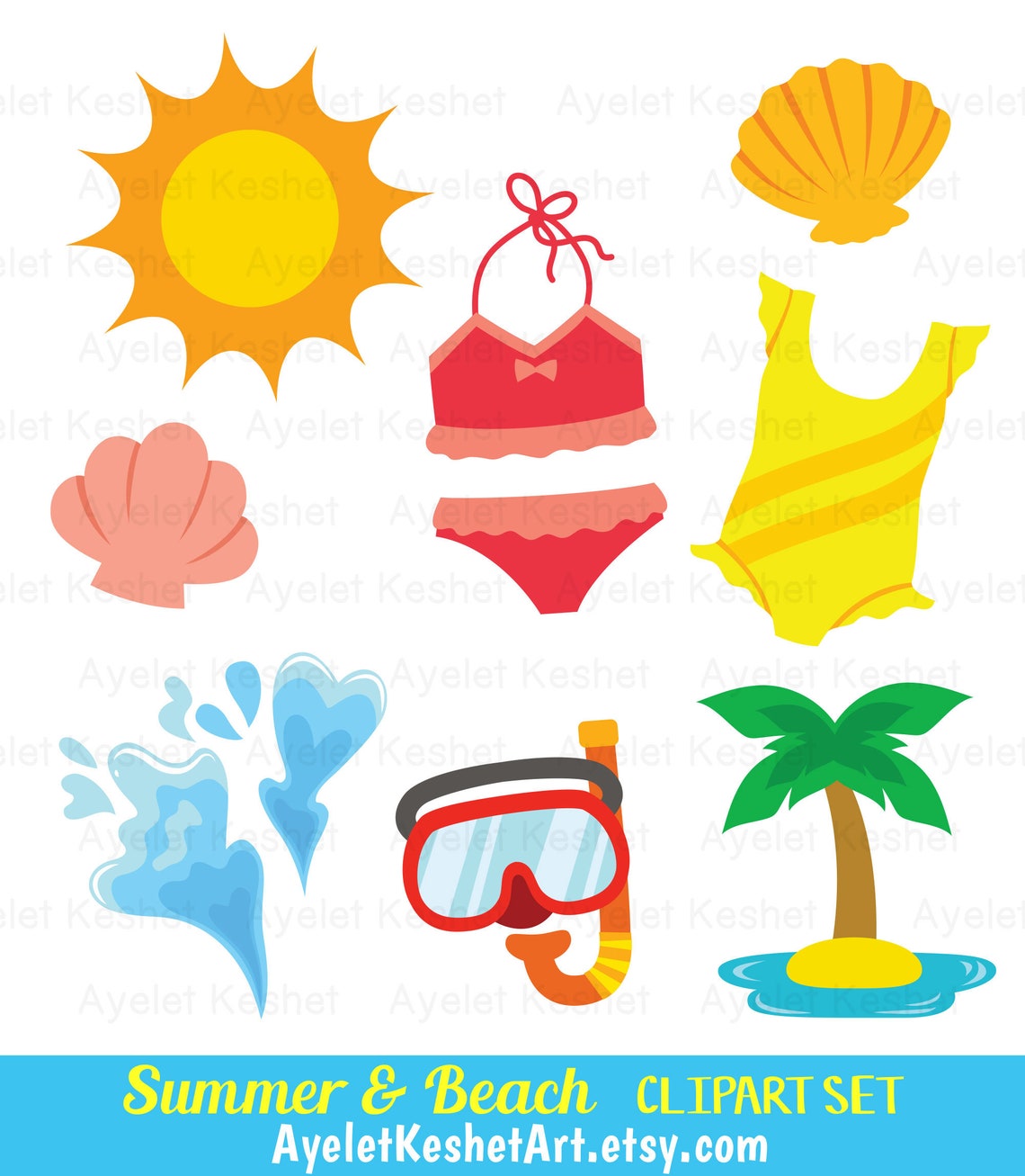 Summer clipart set. Cute beach clipart bundle for personal & | Etsy