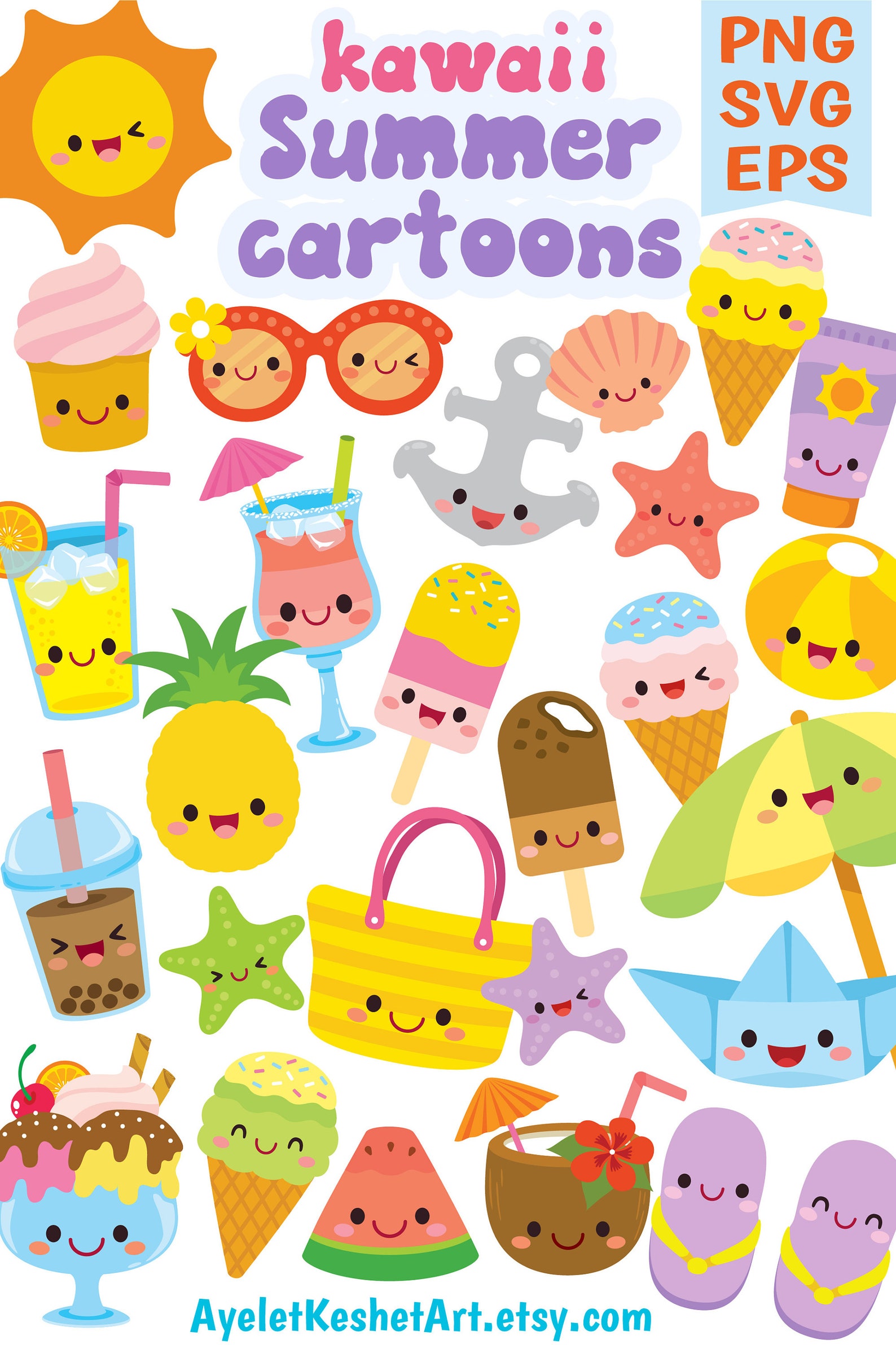 Summer Clipart Set With Cute Kawaii Cartoon Characters. 34 Digital ...