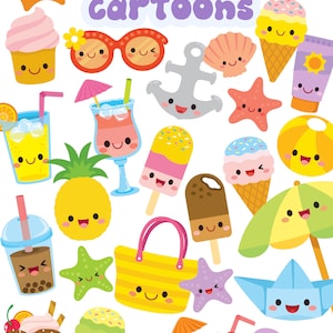 Summer Clipart Set With Cute Kawaii Cartoon Characters. 34 Digital ...