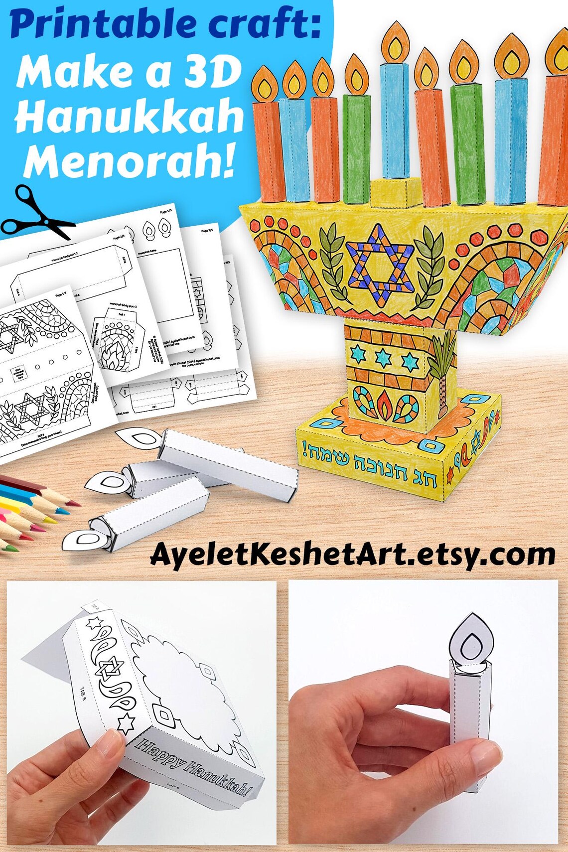 Printable Hanukkah Craft: 3D Paper Menorah (hanukkiah) for Kids to Make ...