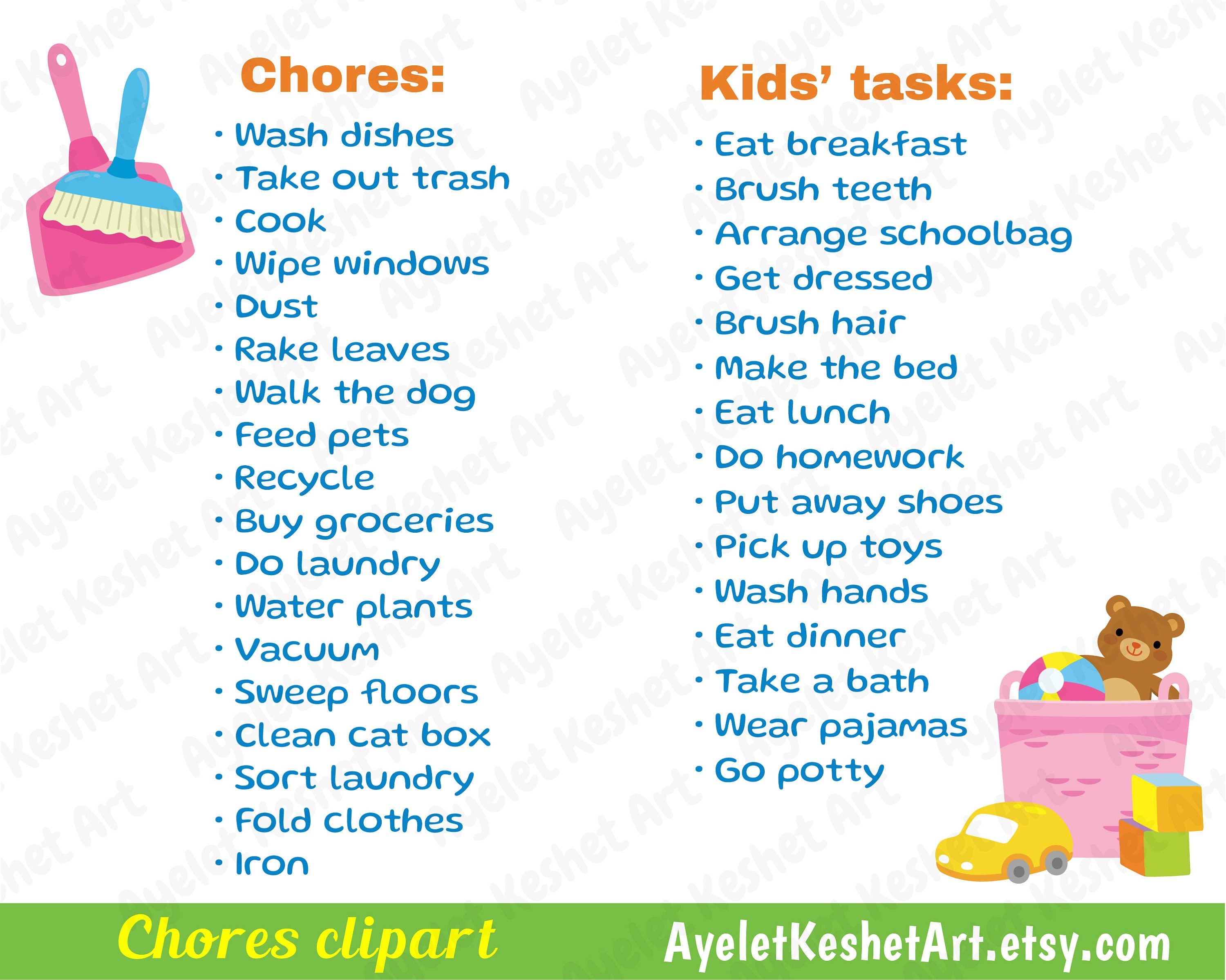 Chores Clipart Set With Icons of Housework and Responsibilities for ...