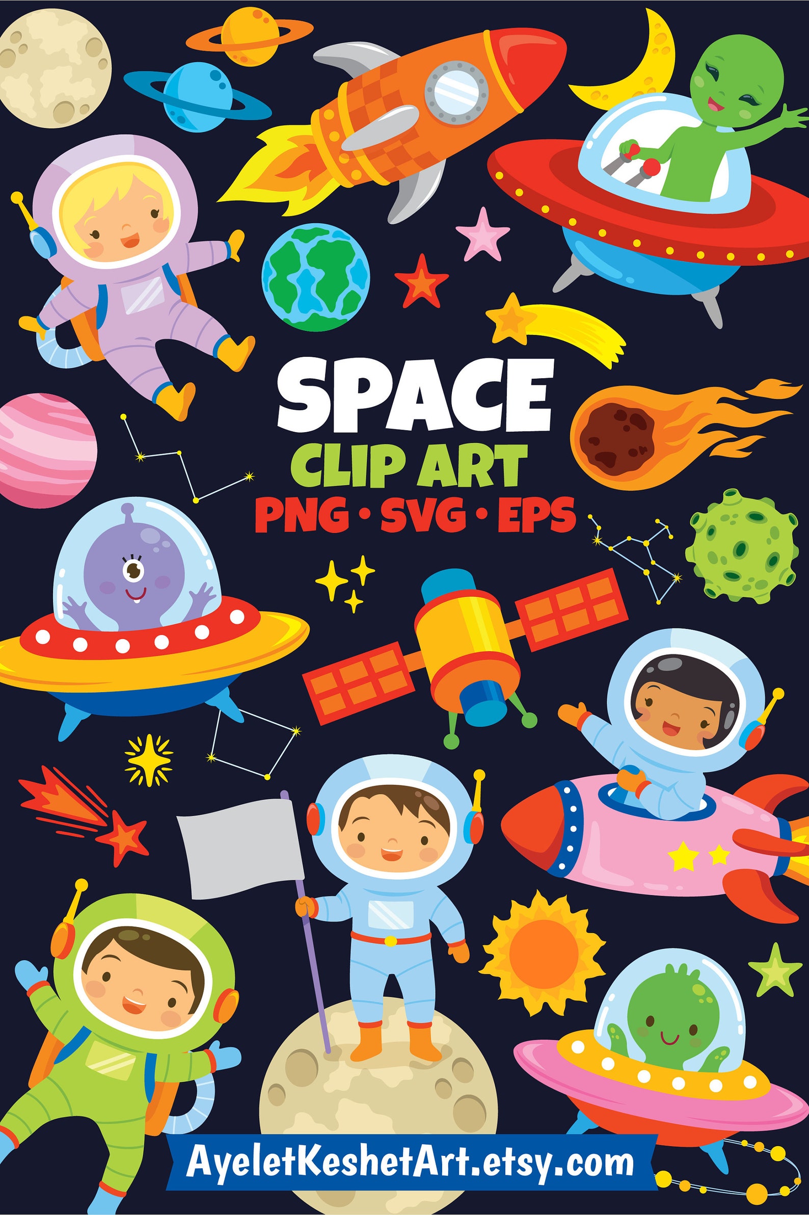 Outer Space Clipart Set. Cute Space Elements - Spaceships, Aliens ...