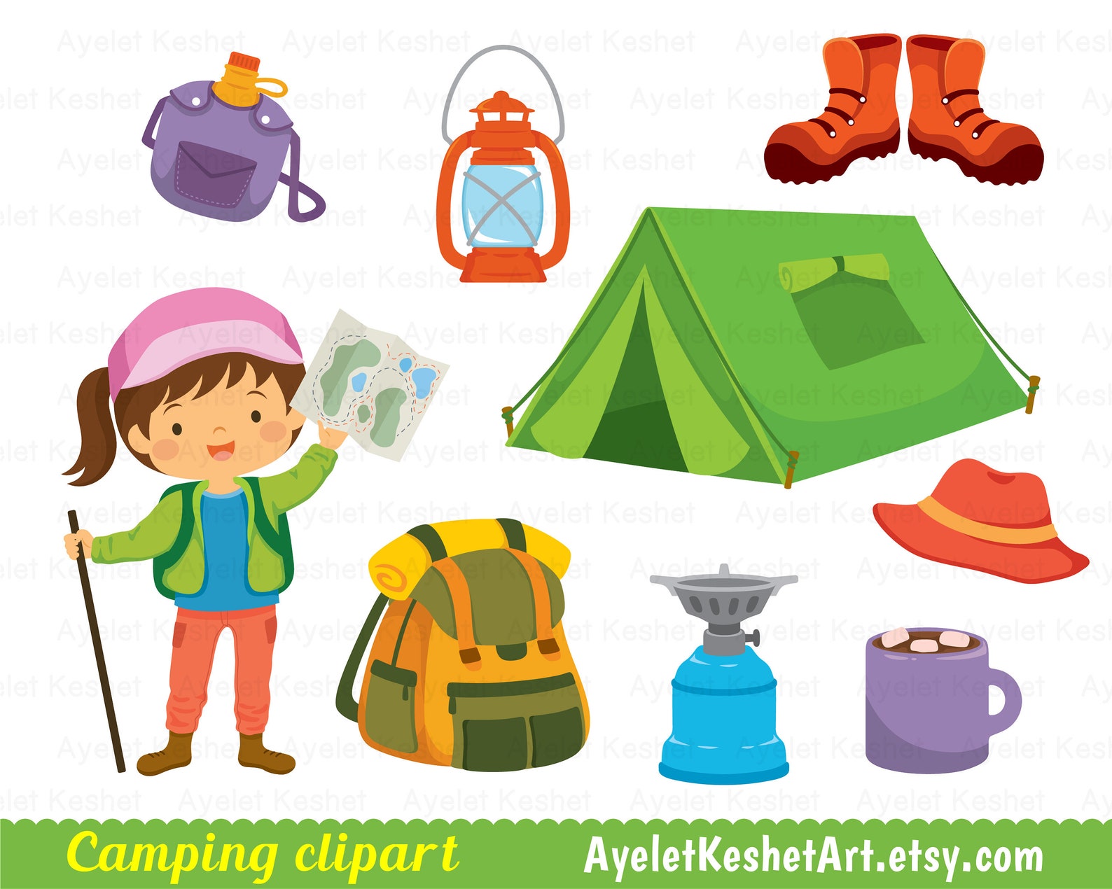Camping Clipart Set. Travel and Outdoors Activities, Camping Gear and ...