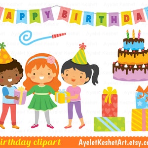 Birthday Clipart Bundle. Birthday Cake, Balloons, Presents and Kids ...