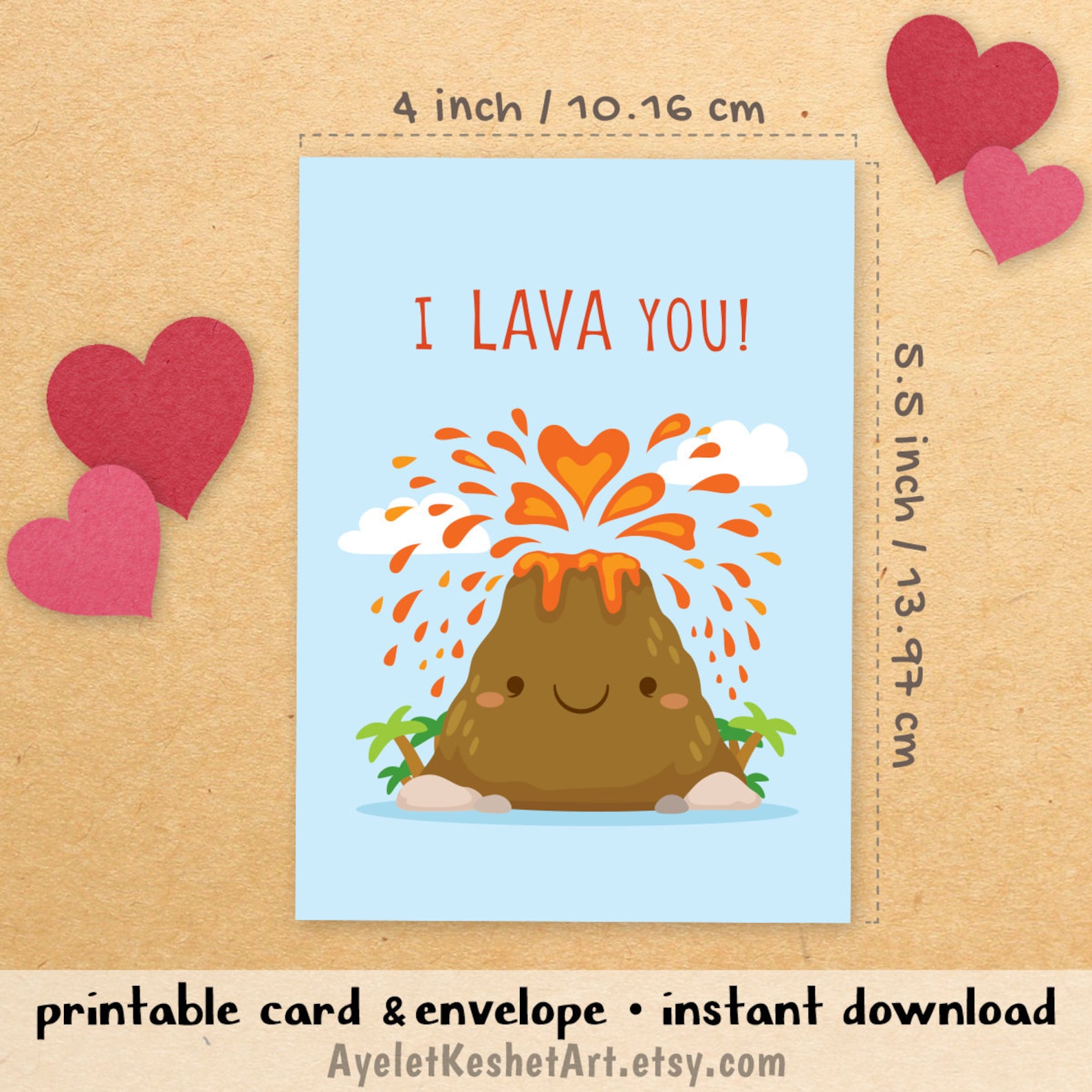 Printable I Love You Card & Lined Envelope - 'I Lava You'. Cute Kawaii ...
