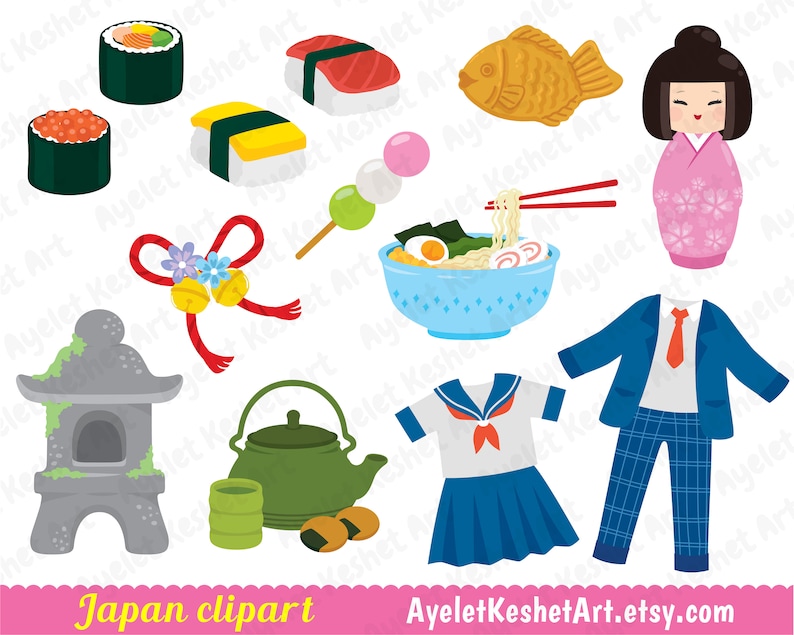 Japan Clipart Bundle. Cute Japanese Items, Japan Symbols, Geisha ...