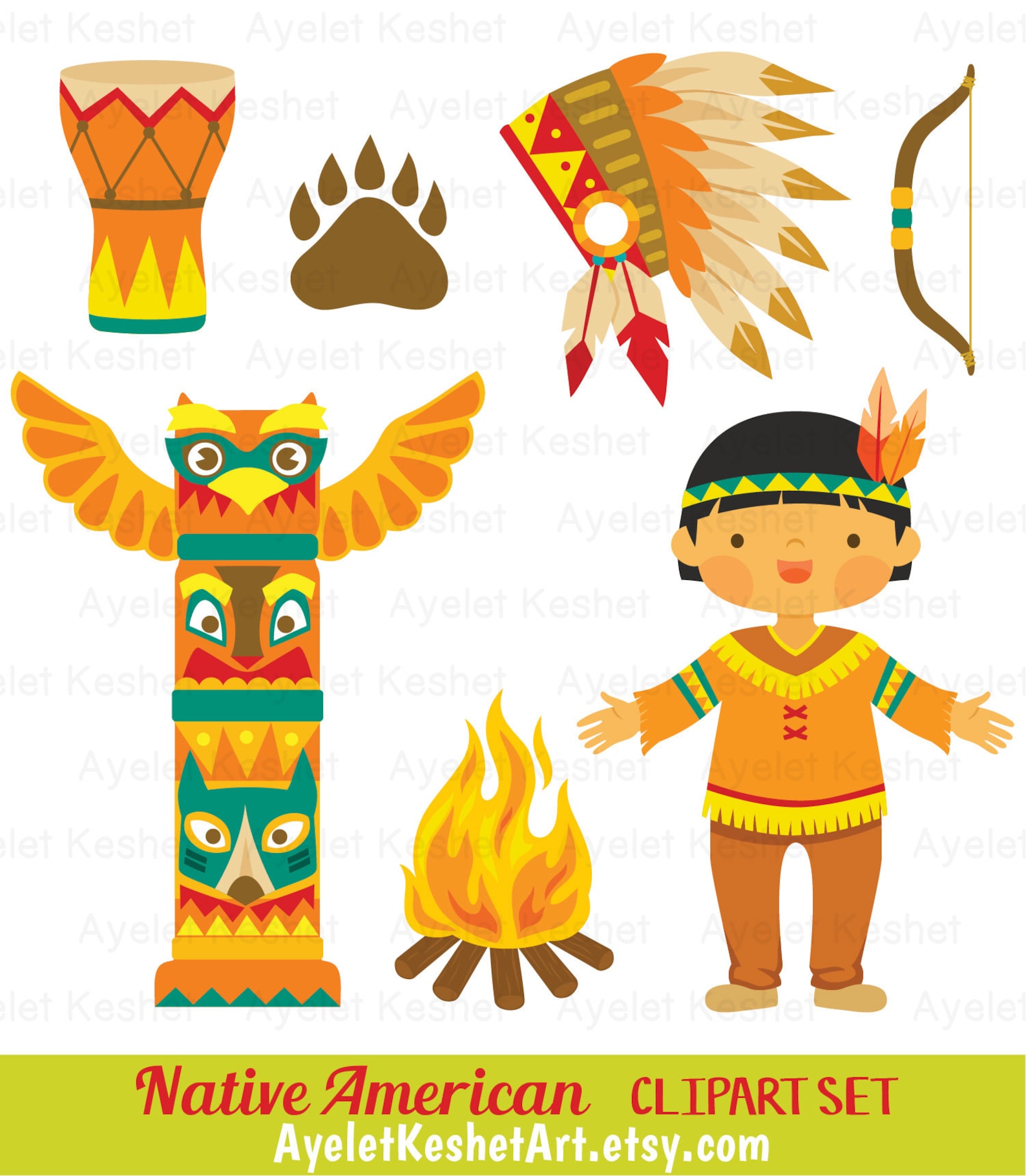 Native American Inspired Clipart With Digital Papers. Cute Indian ...