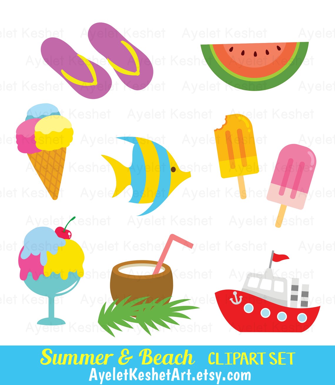 Summer Clipart Set. Cute Beach Clipart Bundle for Personal & - Etsy Israel