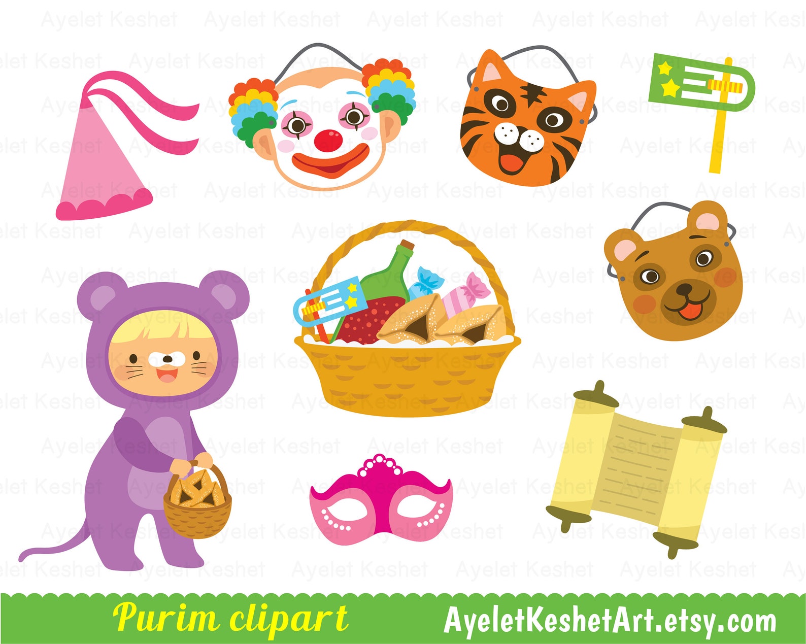 Purim Clipart Bundle. Cute Cartoons With Purim Symbols and Kids, for ...