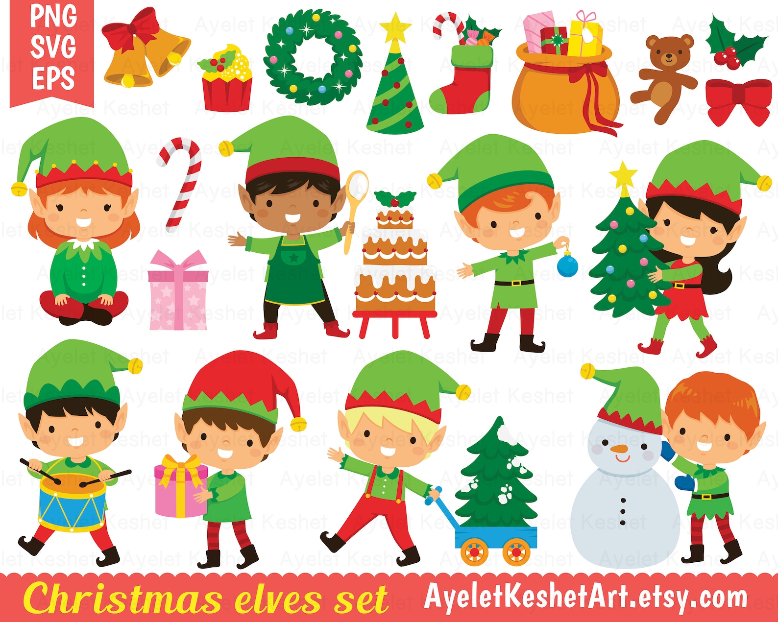 Christmas Elves Clipart. Cute Christmas Clipart Set With Elves and ...