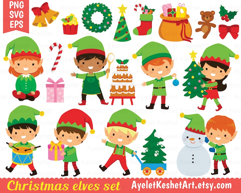 Christmas Elves Clipart. Cute Christmas Clipart Set With Elves and ...