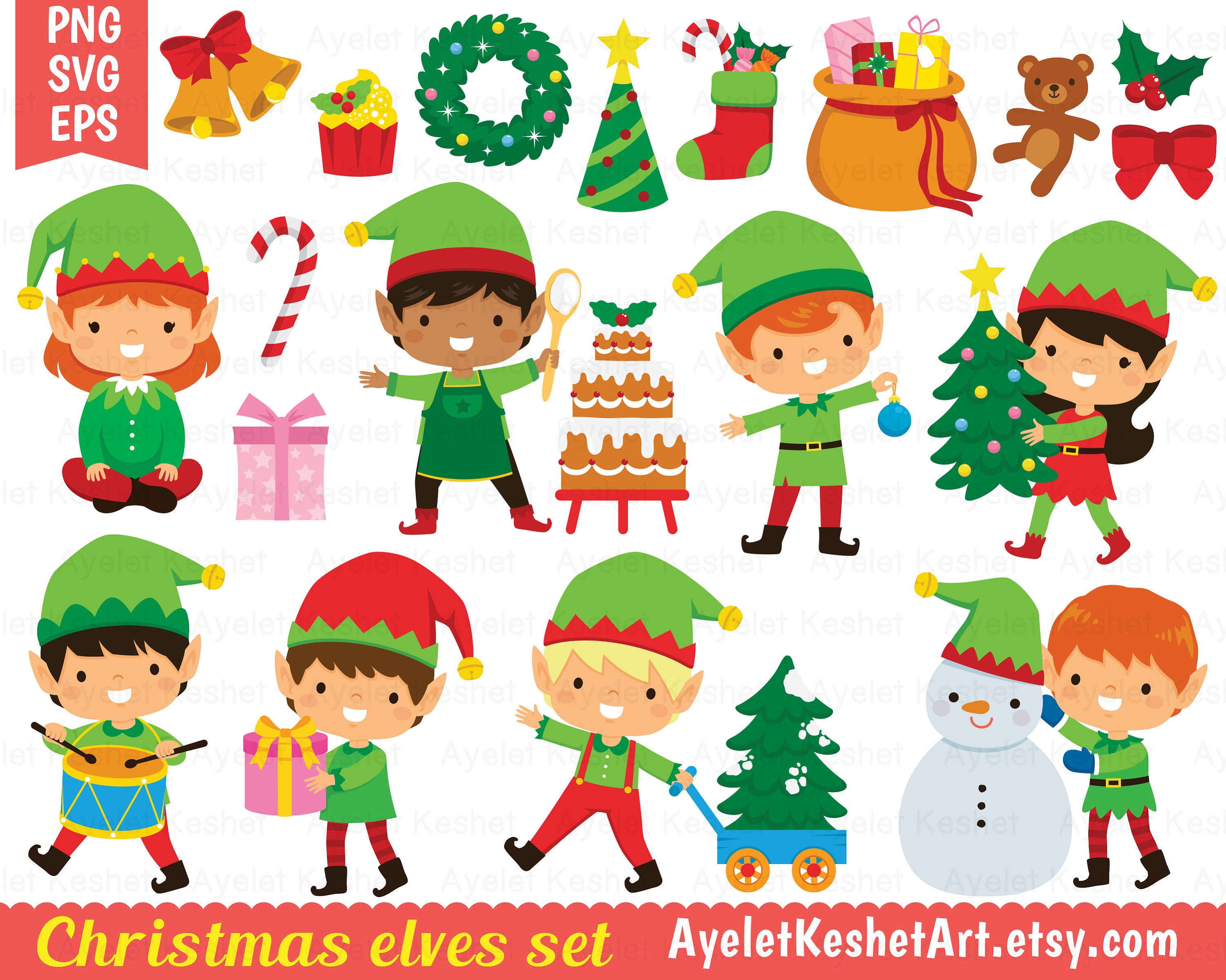 Christmas Elves Clipart. Cute Christmas Clipart Set With Elves and ...