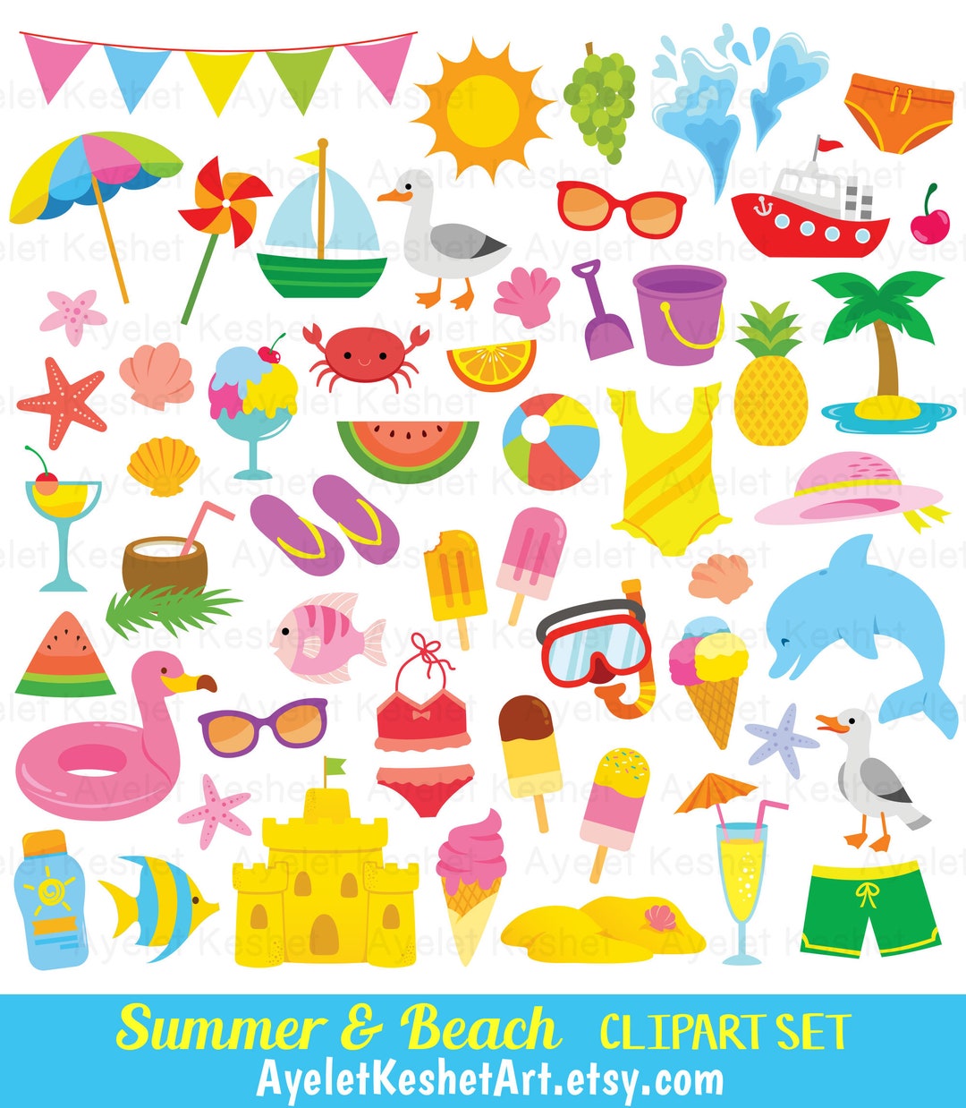 Summer Clipart Set. Cute Beach Clipart Bundle for Personal & - Etsy Israel