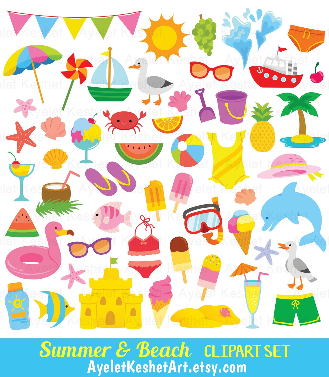 Summer Clipart Set. Cute Beach Clipart Bundle for Personal & - Etsy Israel