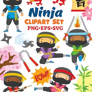 Ninja Clipart Set. Ninja Kids in Different Poses, Plus Icons of Japan ...