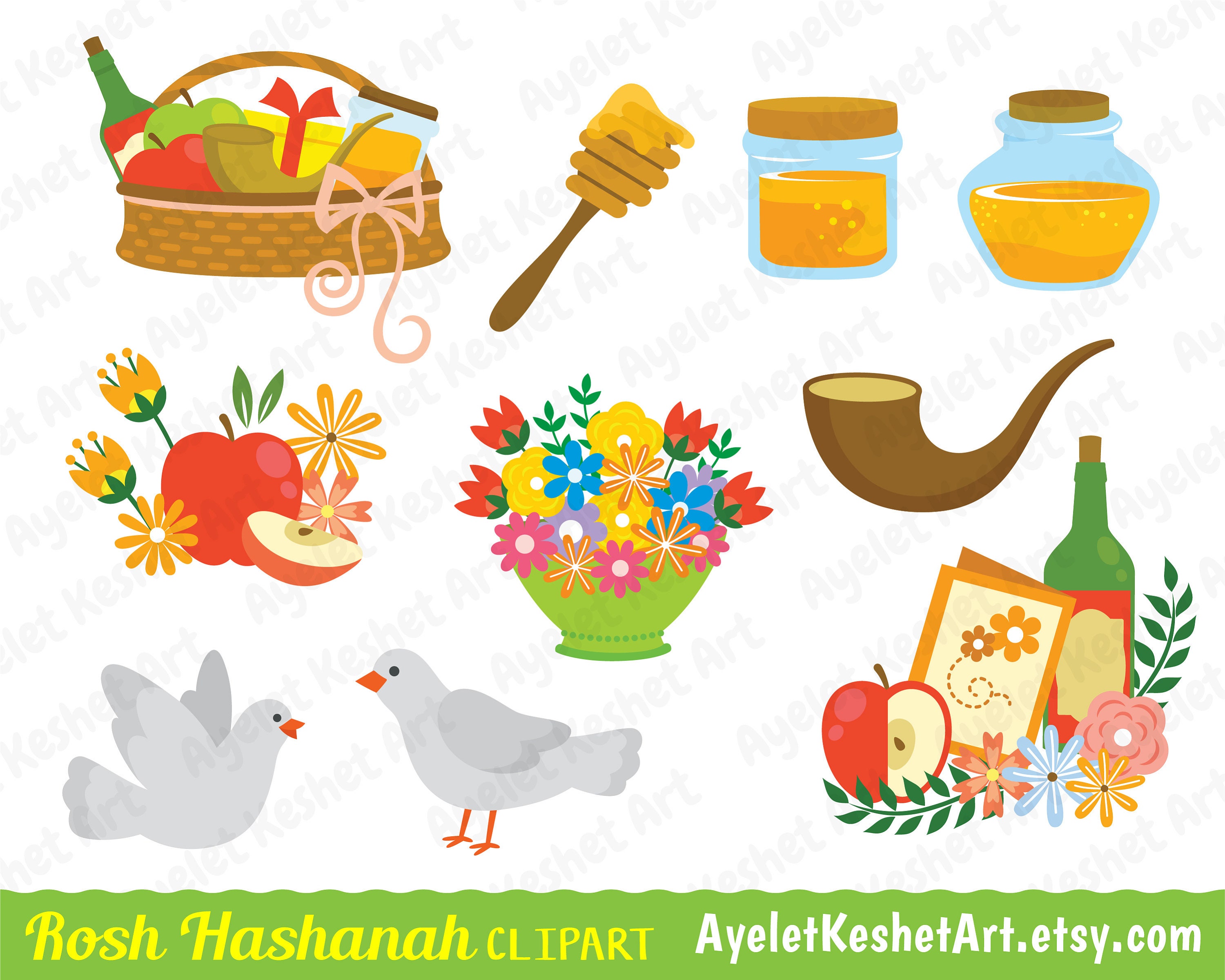 Rosh Hashanah Clipart Set. Apple and Honey Pomegranate - Etsy Israel