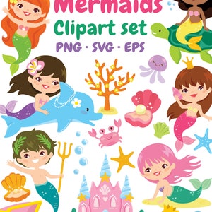 Mermaids Clipart Bundle. Cute Mermaids and Mermen in a Magical Sea ...