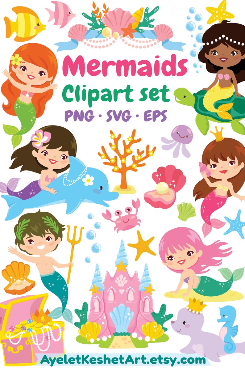 Mermaids Clipart Bundle. Cute Mermaids and Mermen in a Magical - Etsy