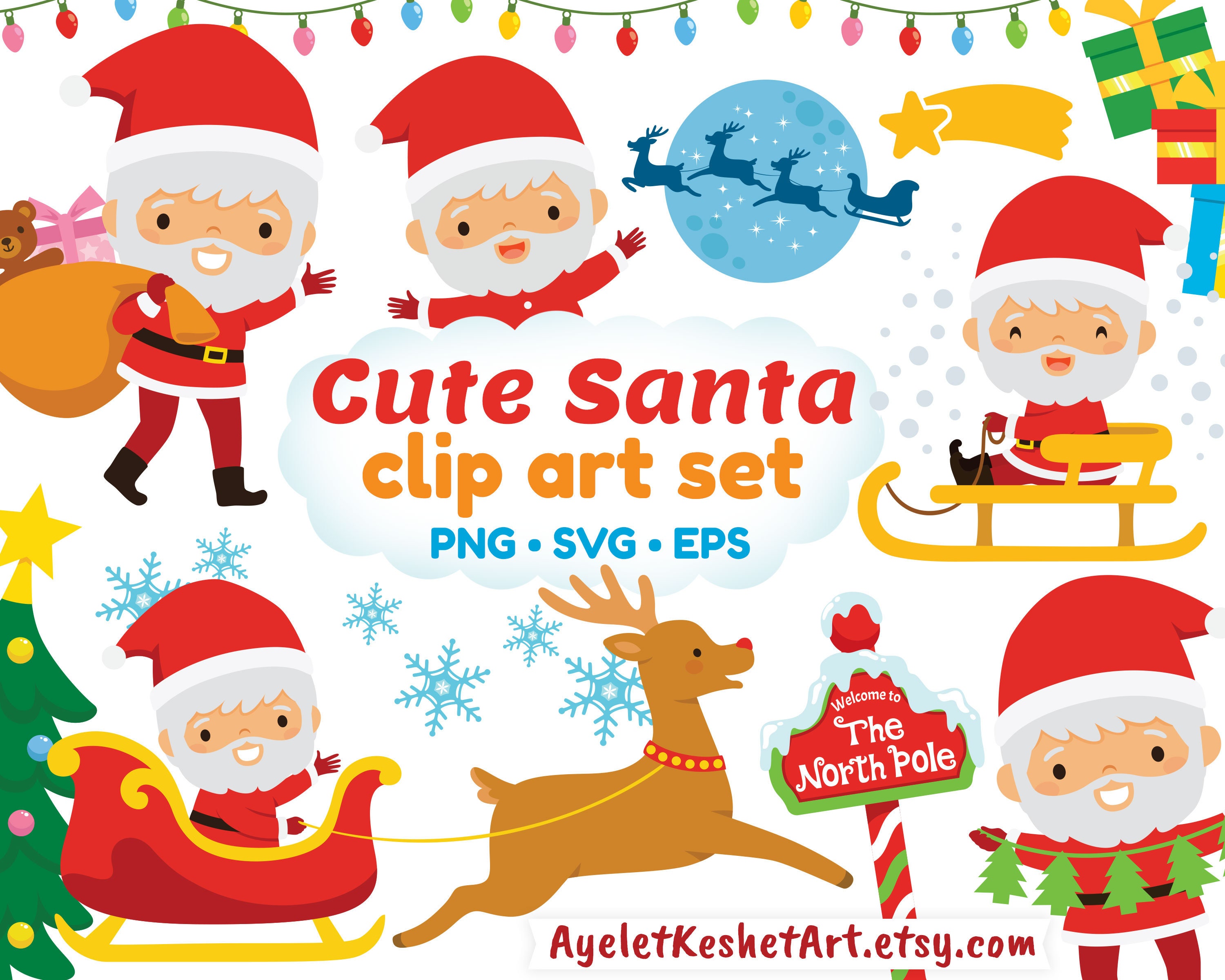 Santa Claus Clipart Set. Cute Santa, Reindeer and Christmas Graphics ...