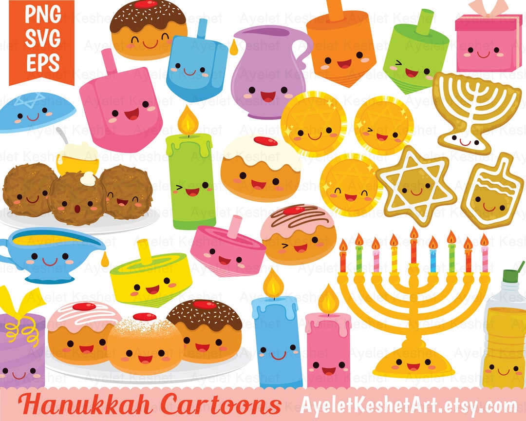 Hanukkah Clipart Set. Cute Cartoons With Hanukkah Symbols for the Happy ...