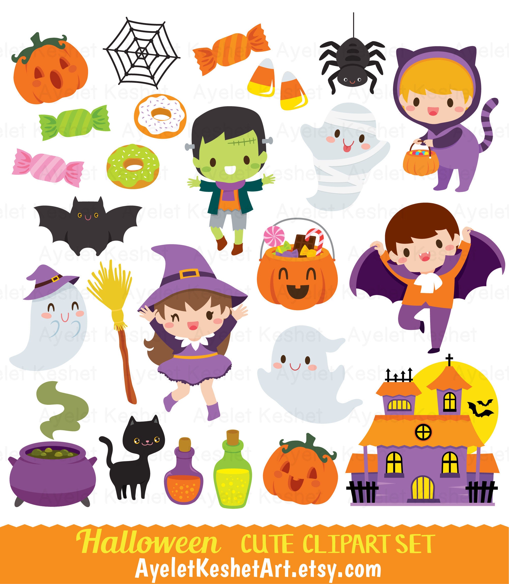 Kawaii Halloween Clipart Set. Cute Digital Clipart Bundle for Personal ...