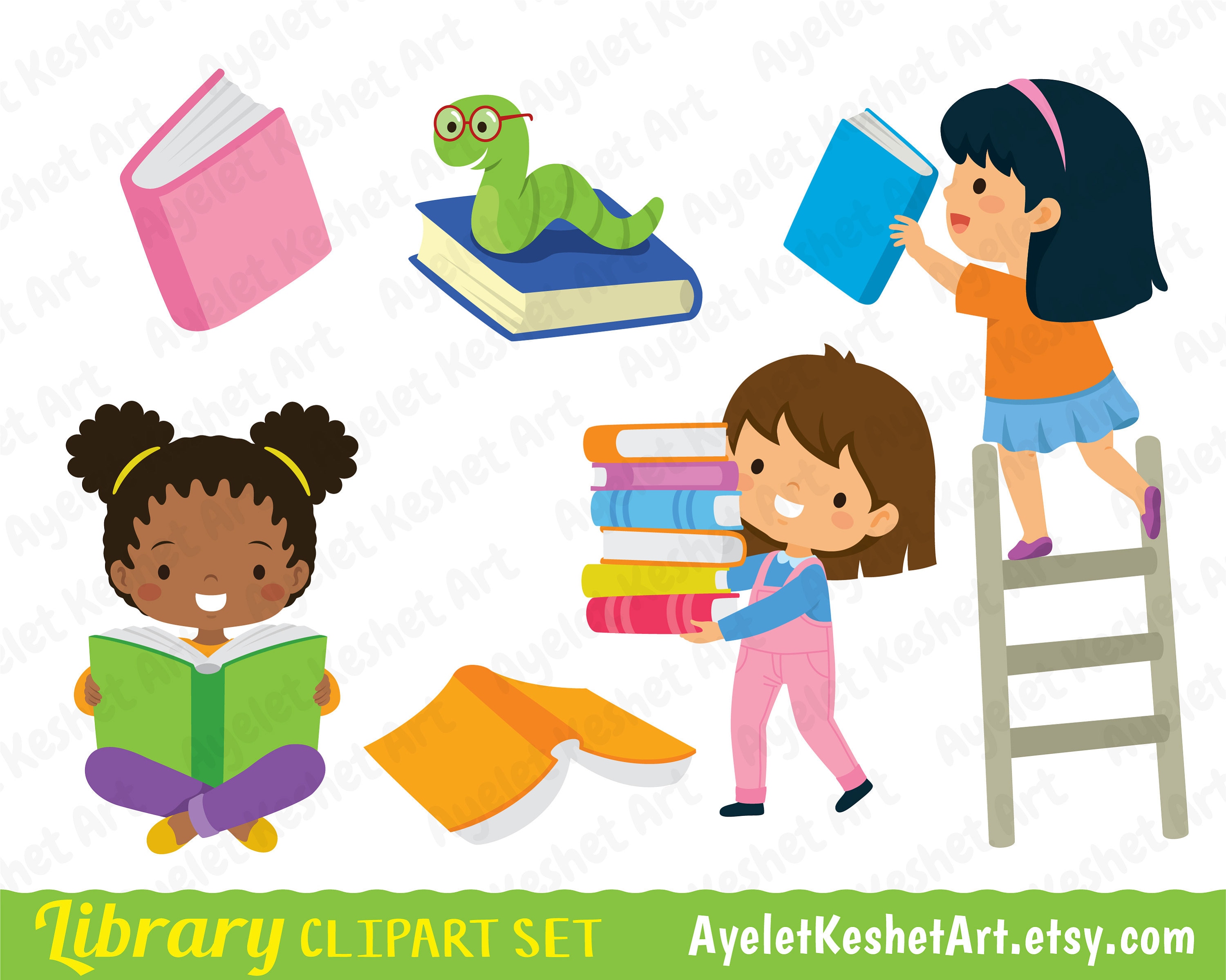 Book Clipart / Library Clipart Set. Kids Reading Books Clipart Bundle ...