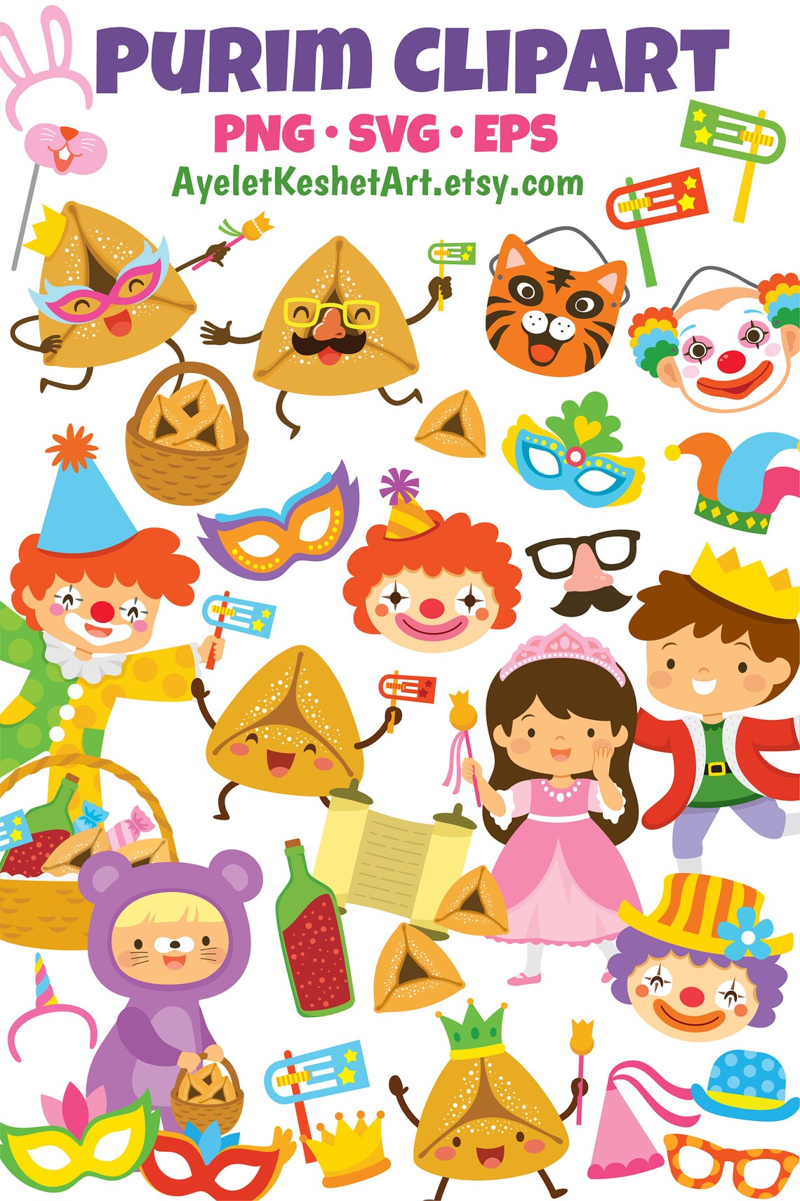 Purim Clipart Bundle. Cute Cartoons With Purim Symbols and Kids, for ...