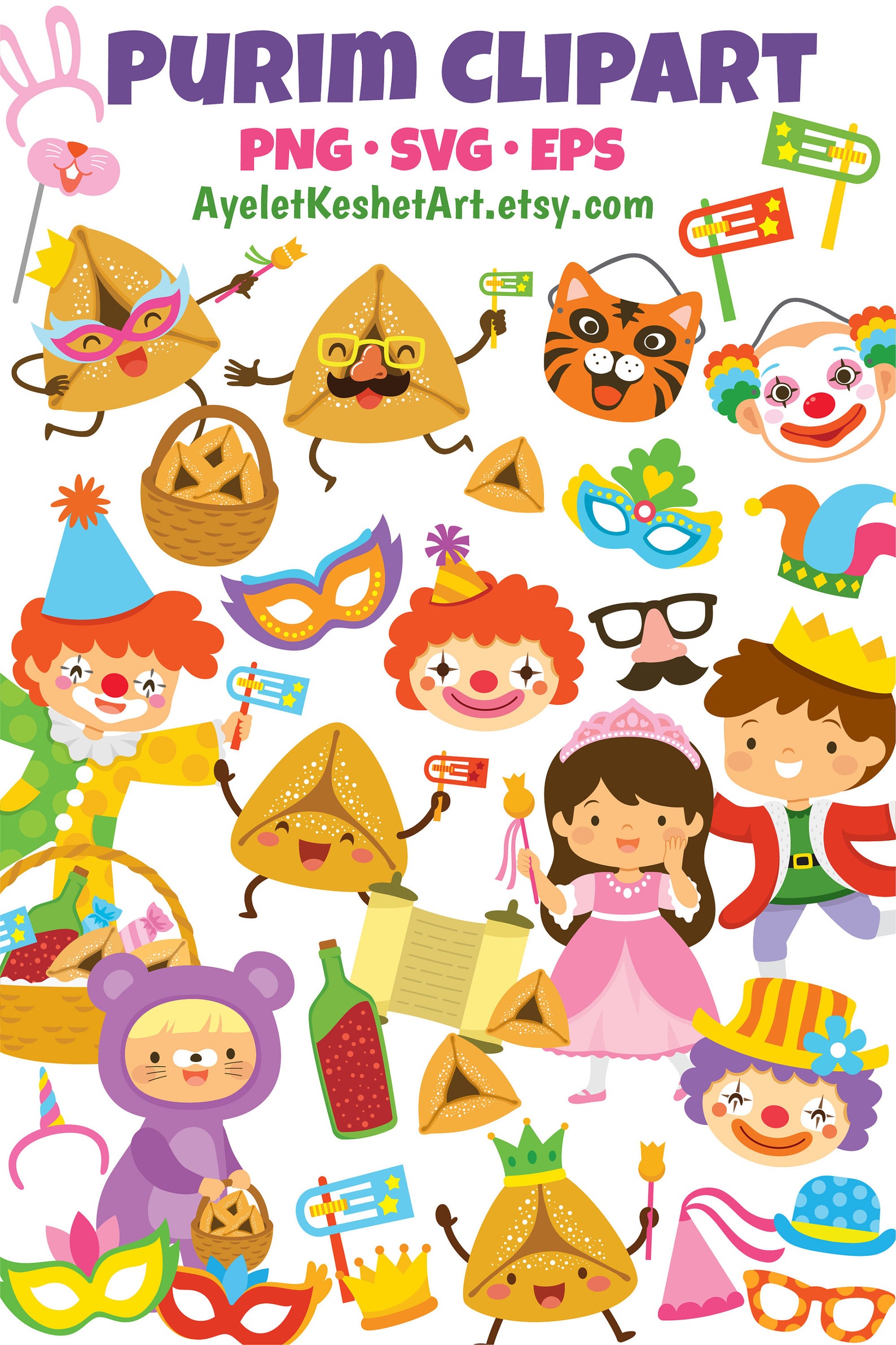 Purim Clipart Bundle. Cute Cartoons With Purim Symbols and Kids, for ...