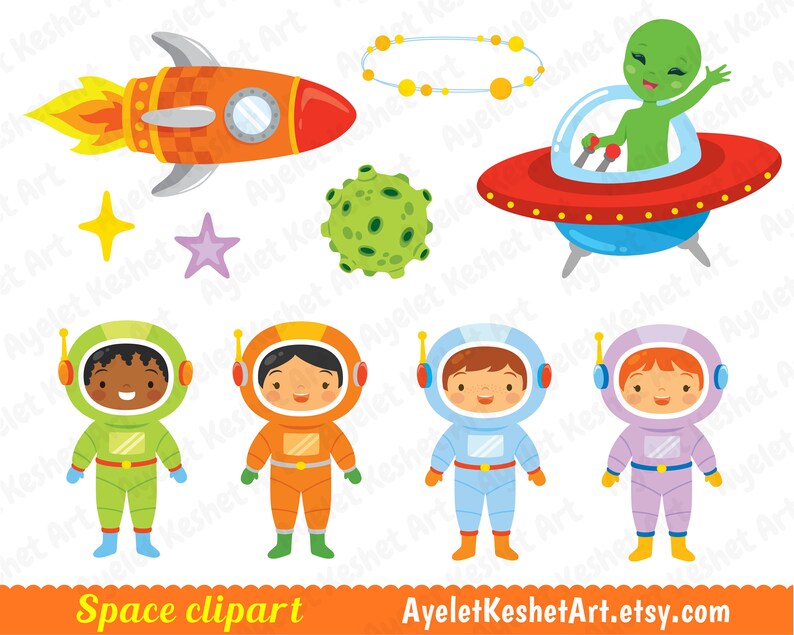 Outer Space Clipart Set. Cute Space Elements Spaceships, Aliens ...