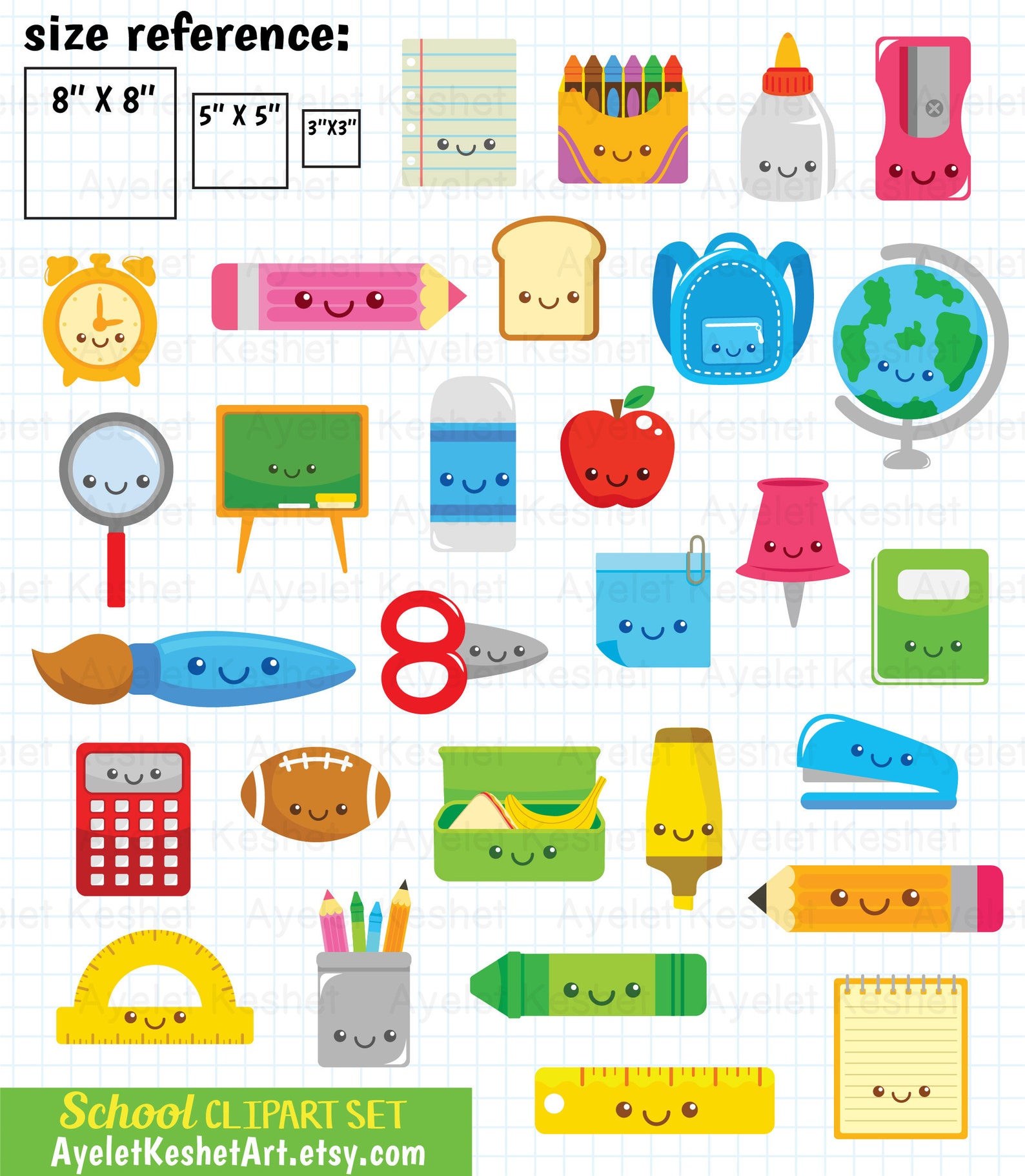 Kawaii School Clipart Set. Cute Digital Clipart Bundle for - Etsy