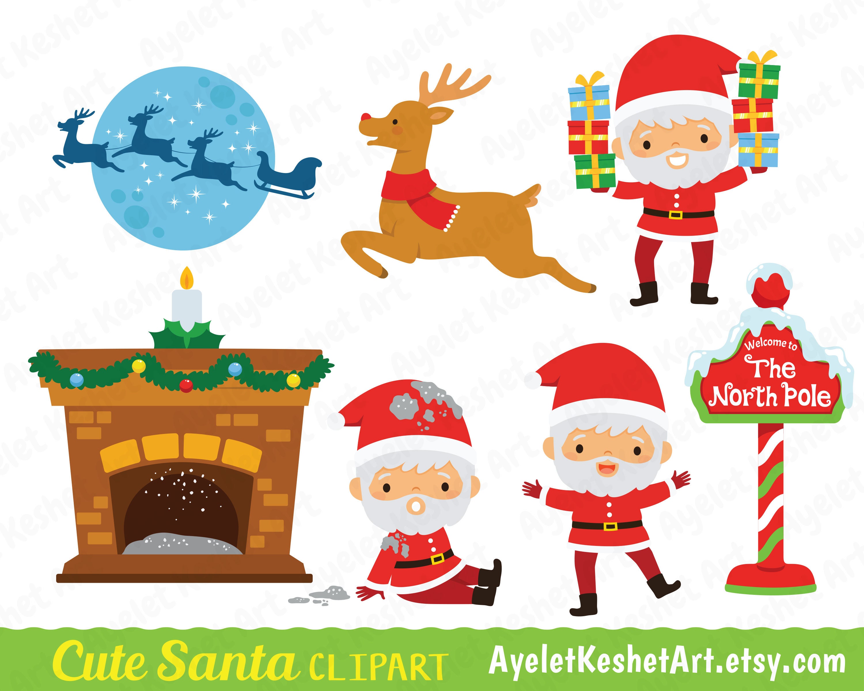 Santa Claus Clipart Set. Cute Santa, Reindeer and Christmas Graphics ...