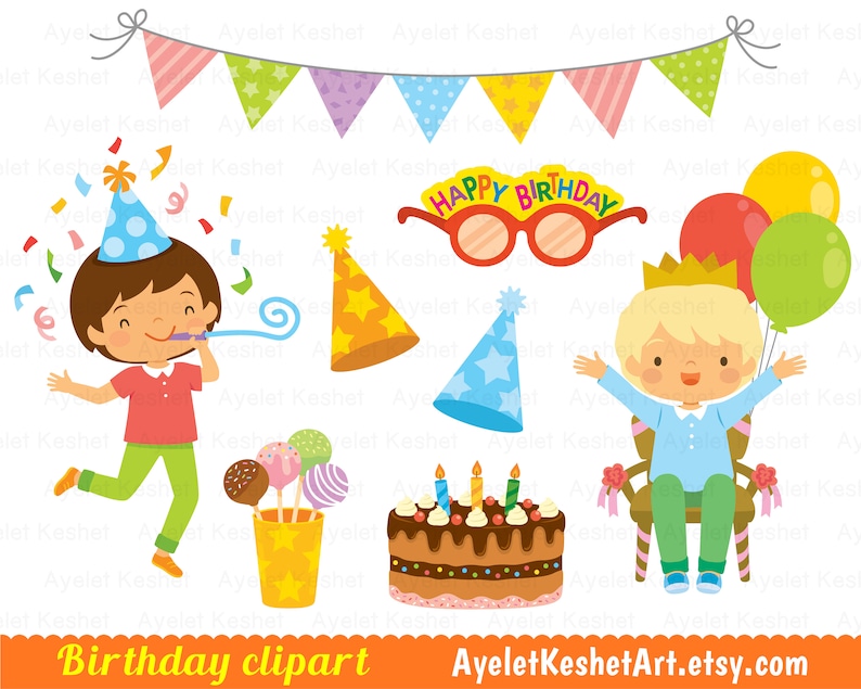 Birthday Clipart Bundle. Birthday Cake, Balloons, Presents and Kids ...
