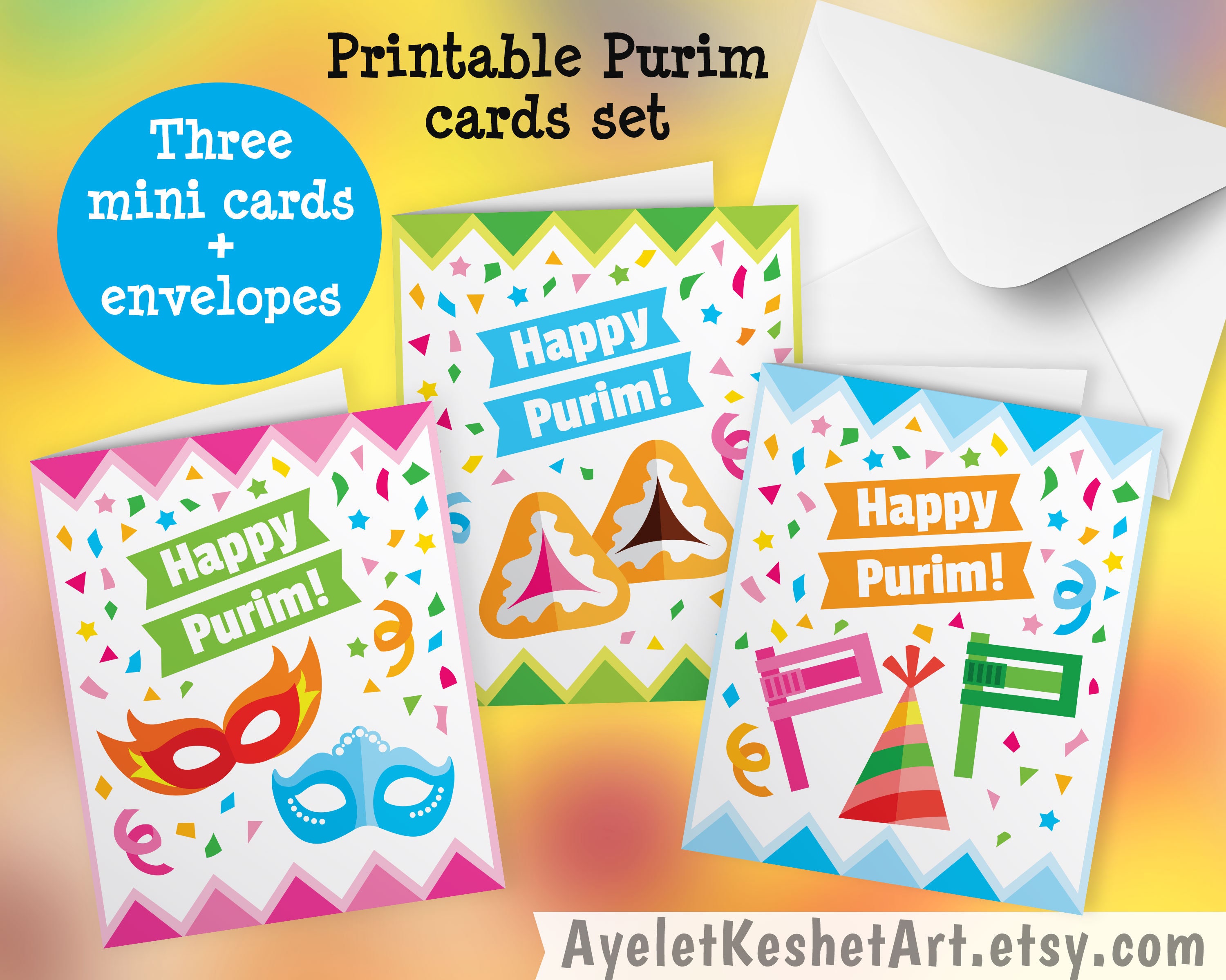 Printable Happy Purim Card Set & Envelopes. 3 Small Printable Cards or ...