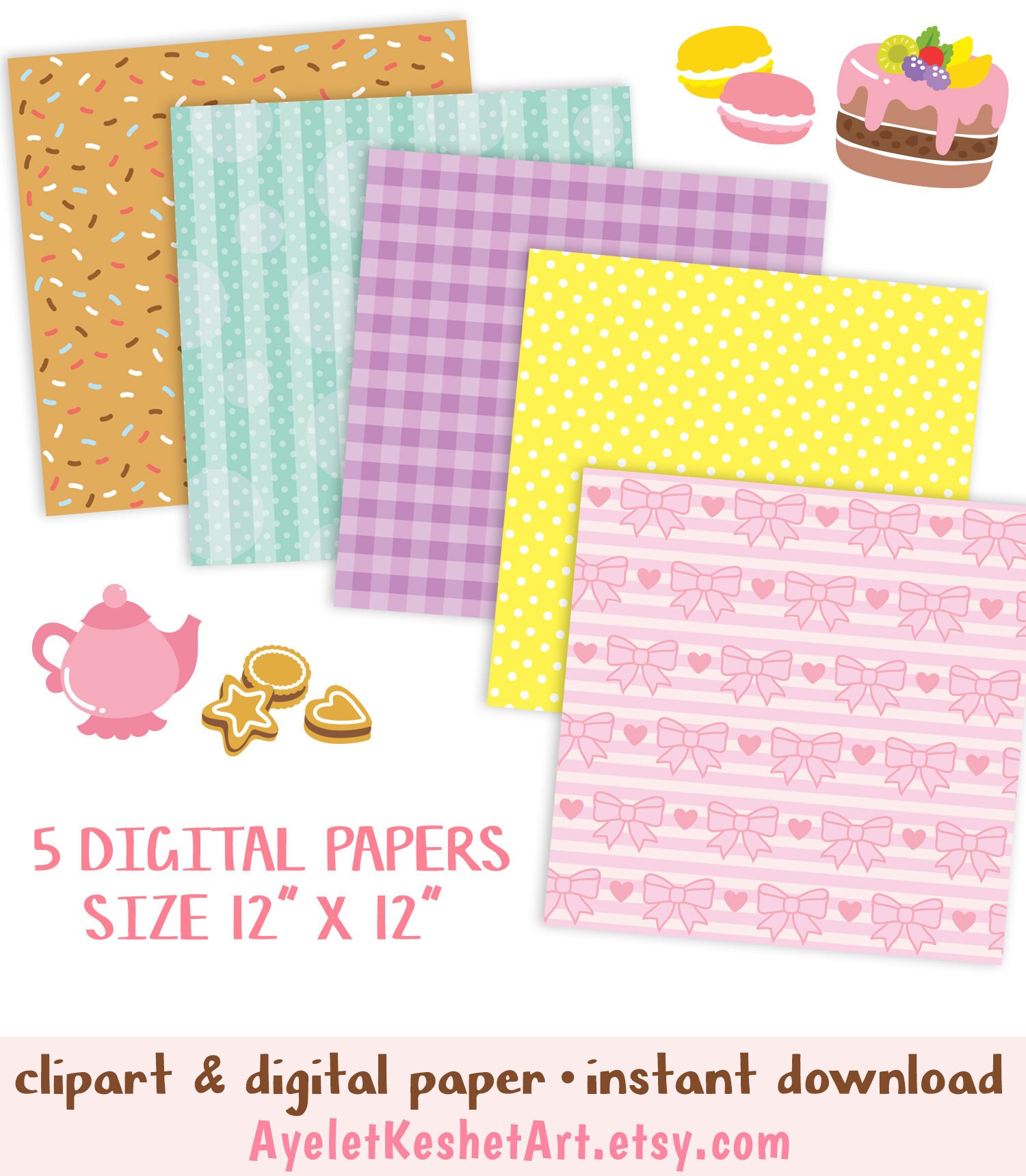 Digital Clip Art Set and Digital Paper Cute Tea Party. Kawaii Clip Art ...