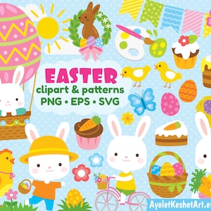 Cute Easter Clipart Bundle. Cute Easter Bunnies, Easter Eggs and Spring ...