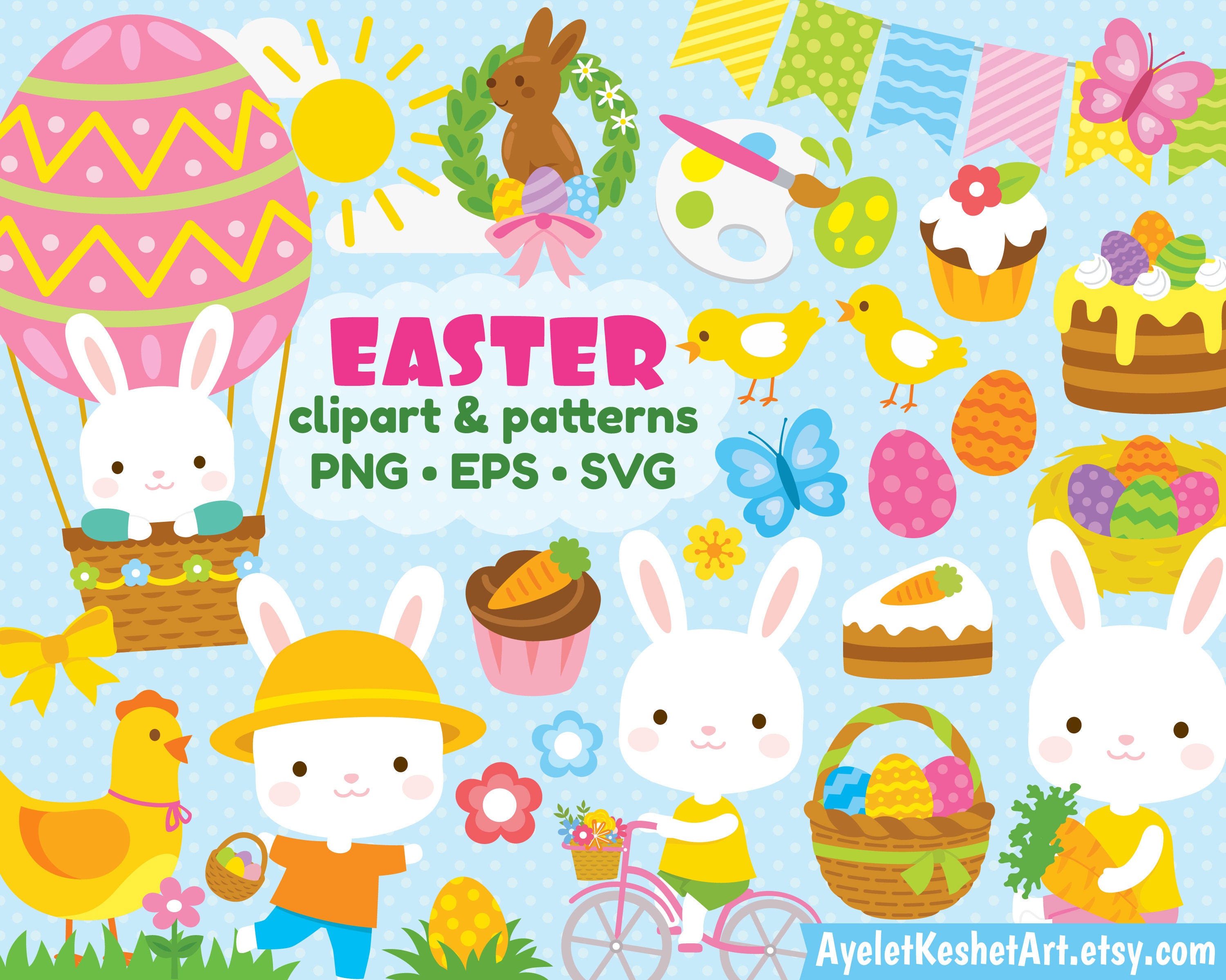 Cute Easter Clipart Bundle. Cute Easter Bunnies, Easter Eggs and Spring ...
