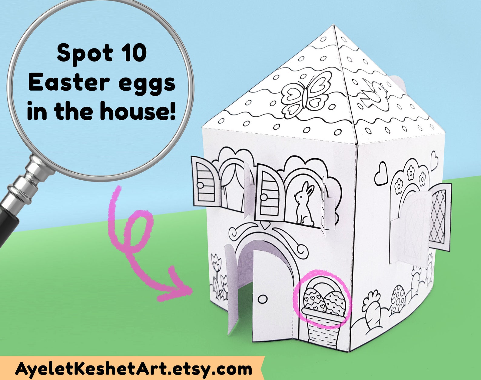 Easter Bunny Paper Craft With a House and Easter Eggs. Printable Easter ...