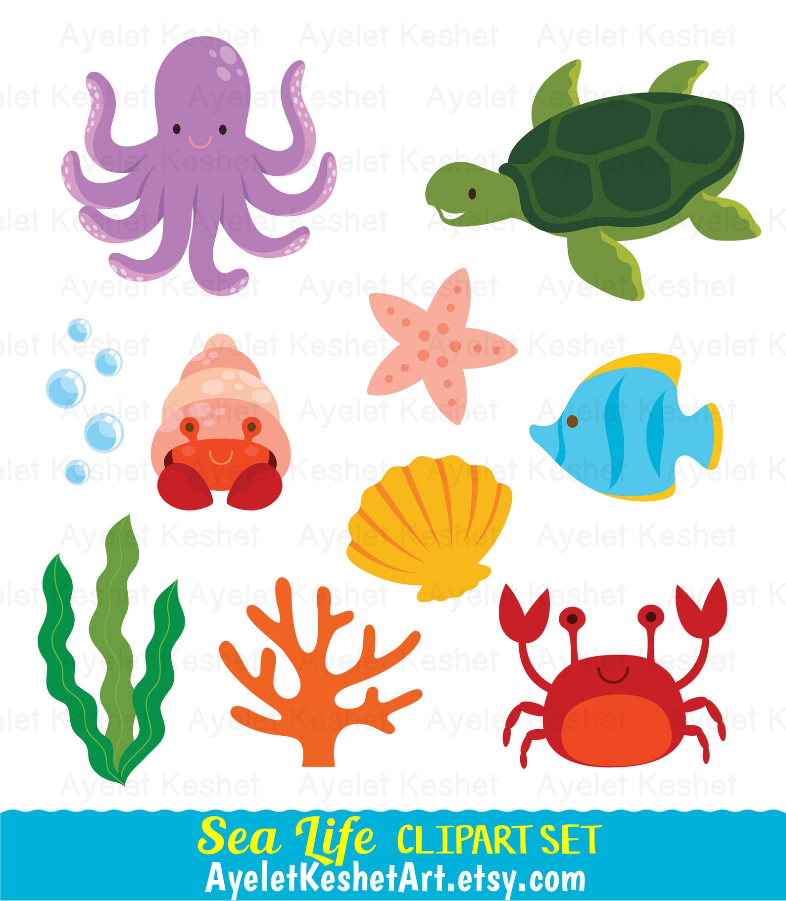 Sea Life Clipart Set. Ocean Animals and Summer Clipart Bundle for ...