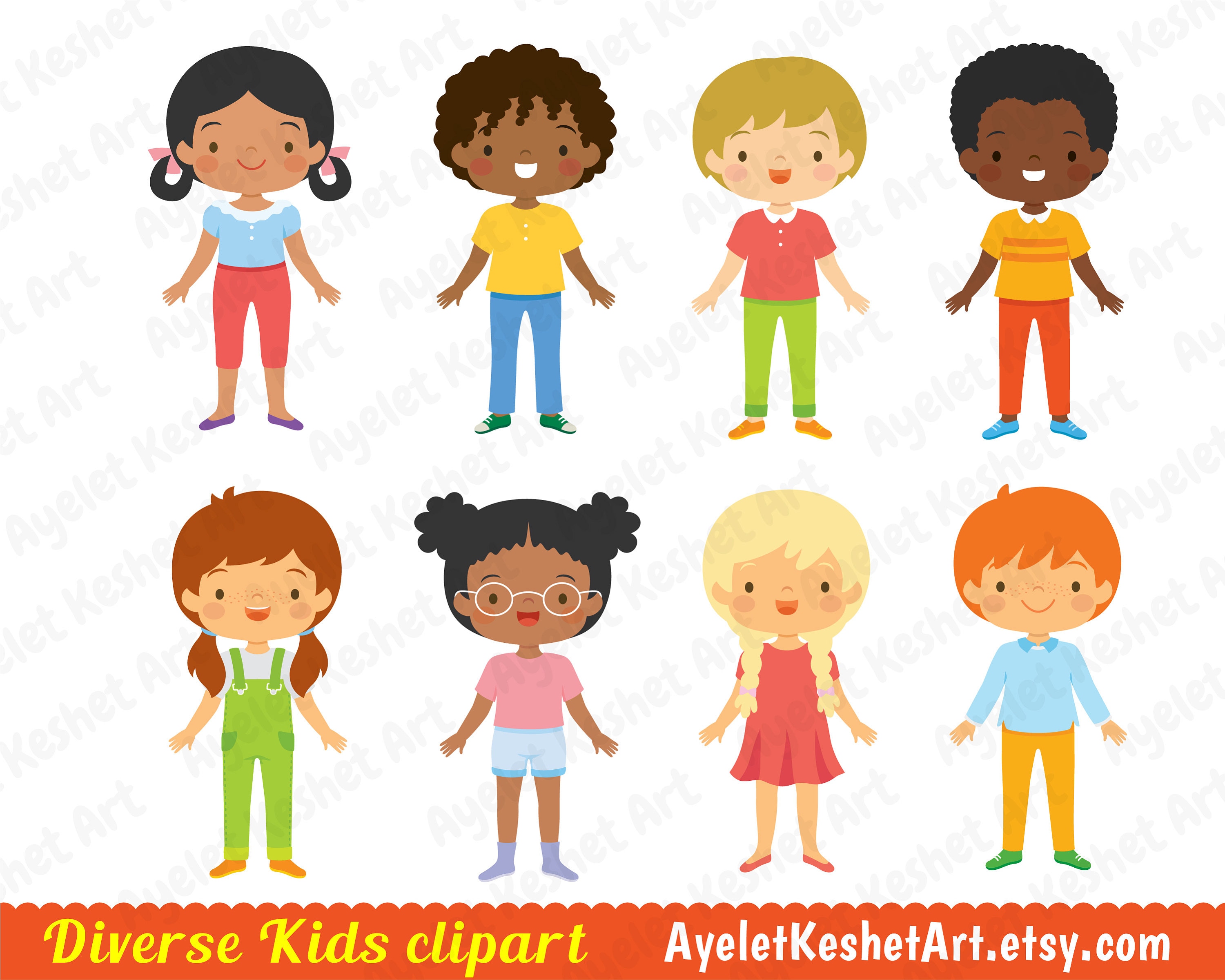 Diverse Kids Clipart. Multi Ethnic Children white, Asian and Black Kids ...