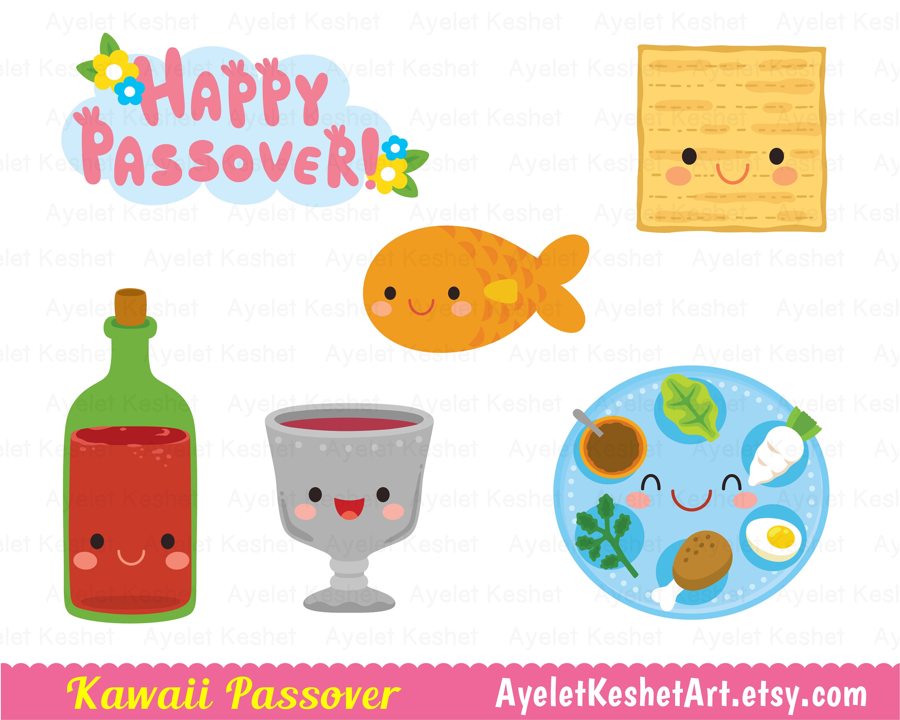 Passover Clipart With Kawaii Characters Cute Passover Or Etsy