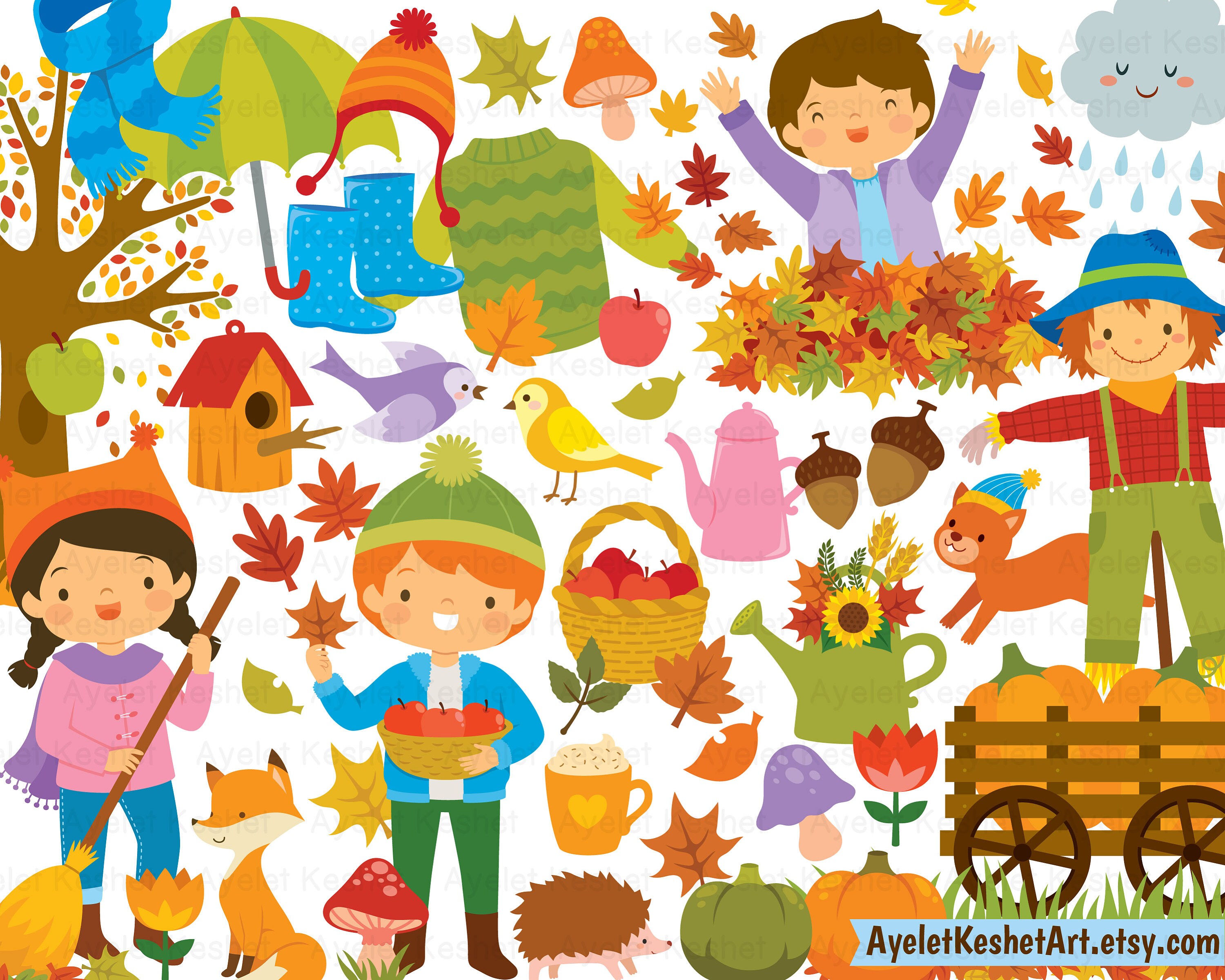 Cute Fall Clipart Set With Autumn Leaves, Kids, Forest Animals and ...