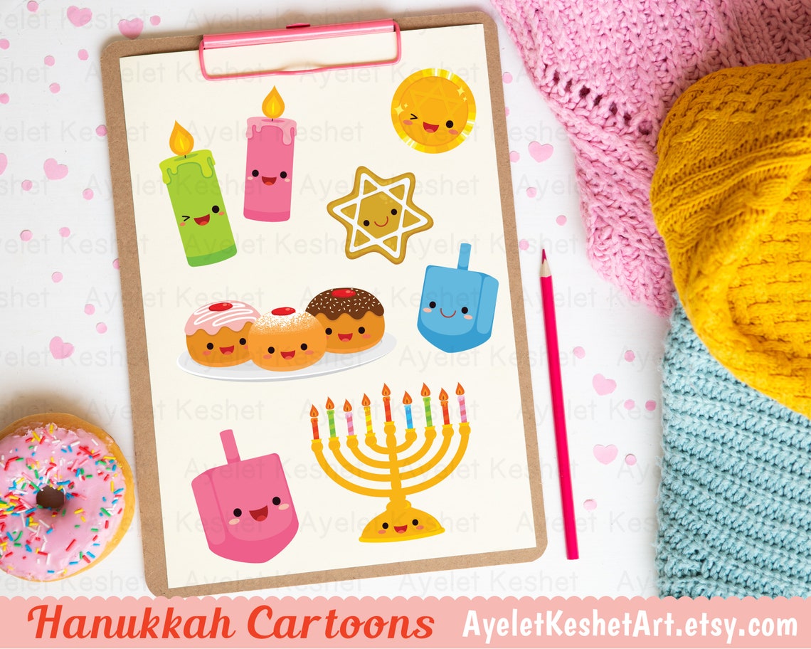 Hanukkah clipart set. Cute cartoons with Hanukkah symbols for | Etsy