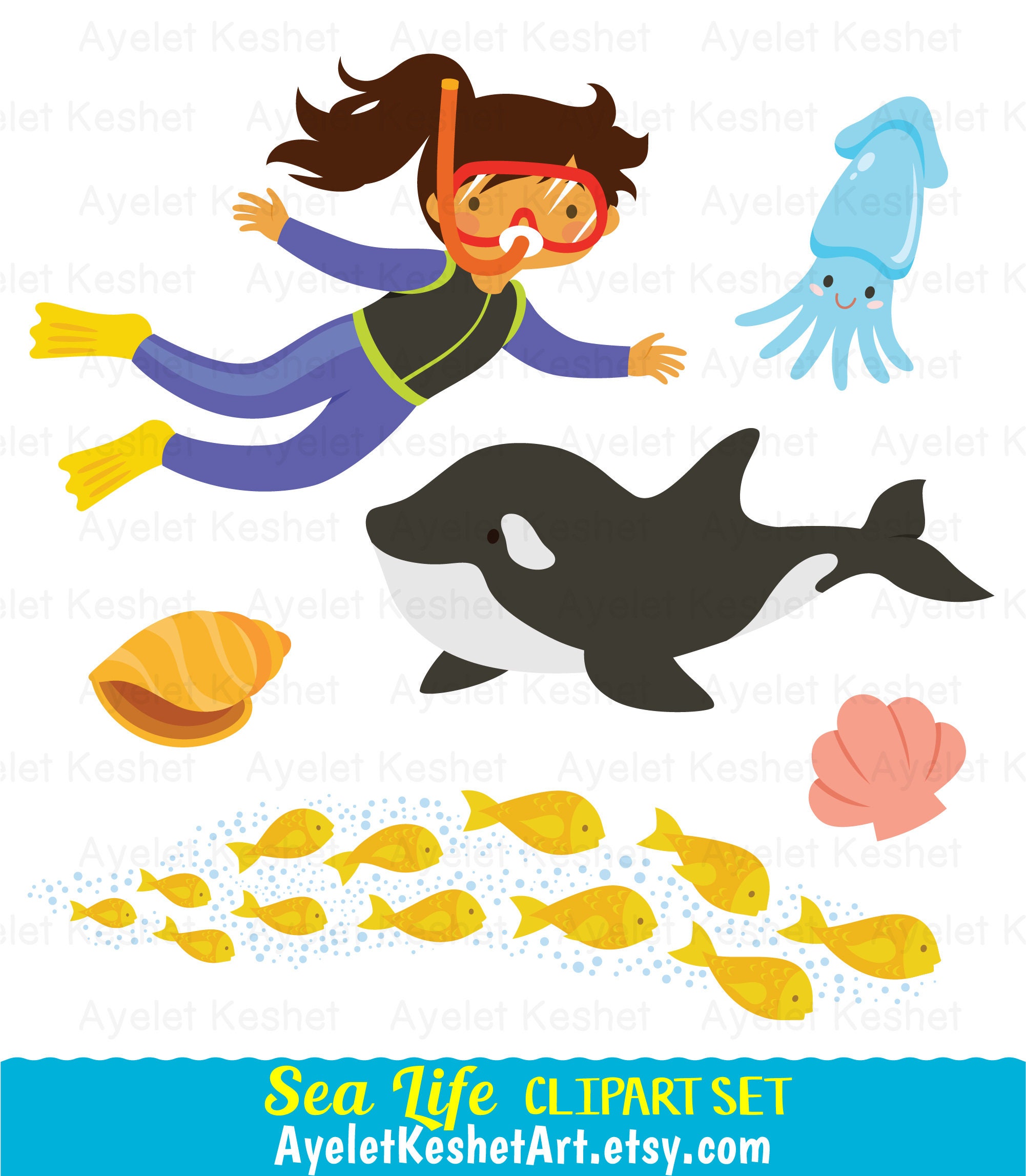 Sea Life Clipart Set. Ocean Animals and Summer Clipart Bundle - Etsy Israel