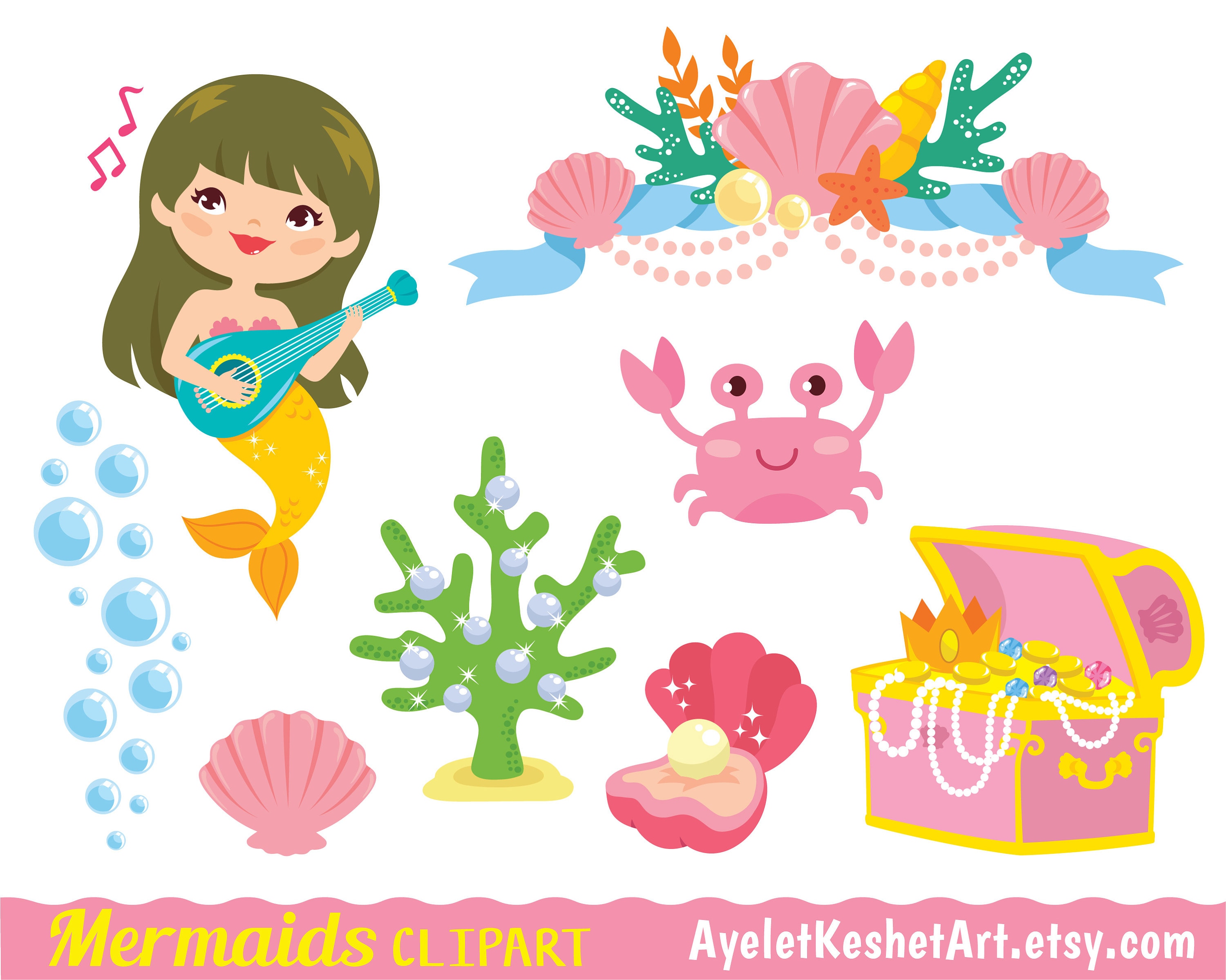 Mermaids Clipart Bundle. Cute Mermaids and Mermen in a Magical Sea ...
