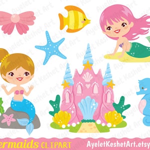 Mermaids Clipart Bundle. Cute Mermaids and Mermen in a Magical Sea ...
