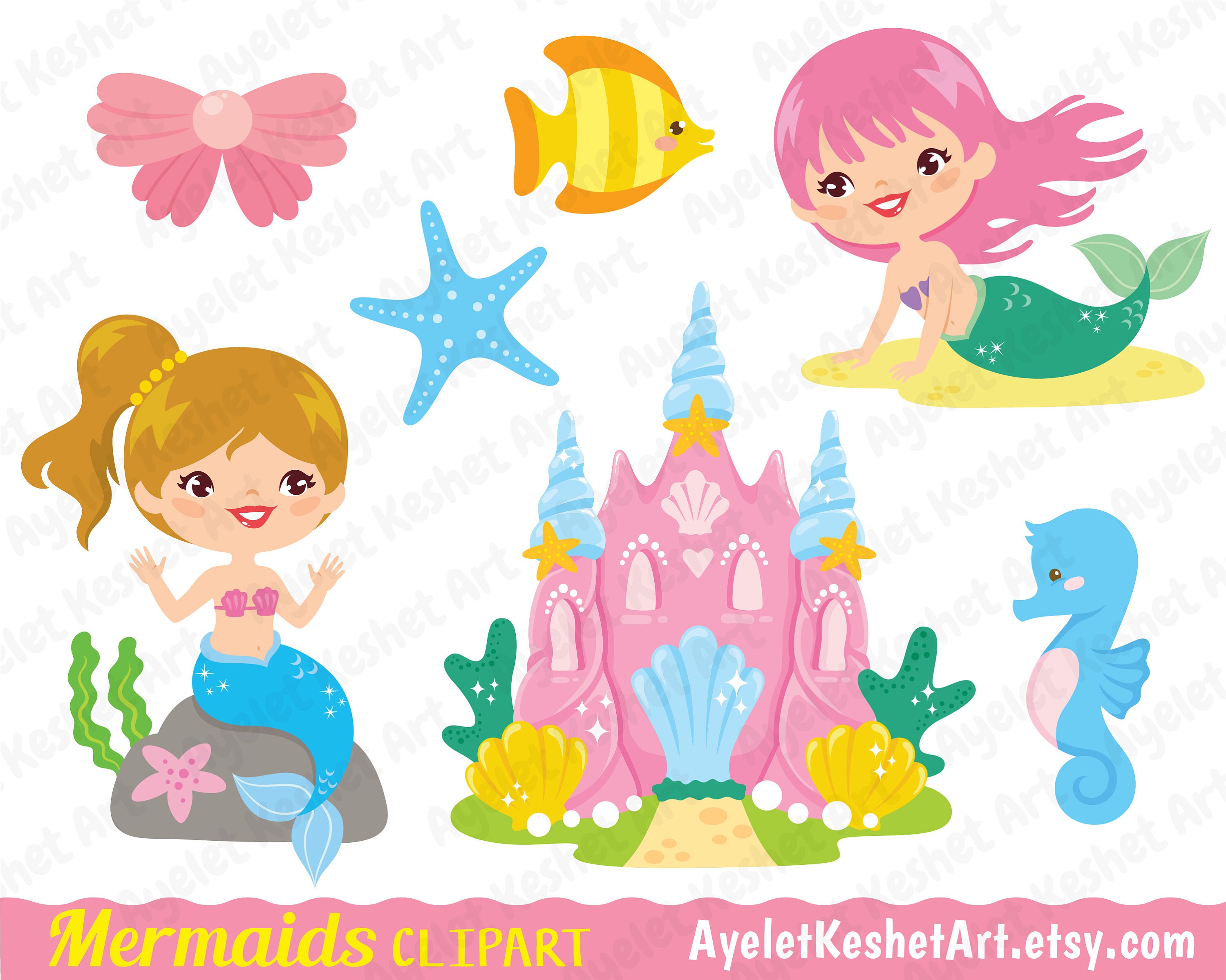 Mermaids Clipart Bundle. Cute Mermaids and Mermen in a Magical Sea ...