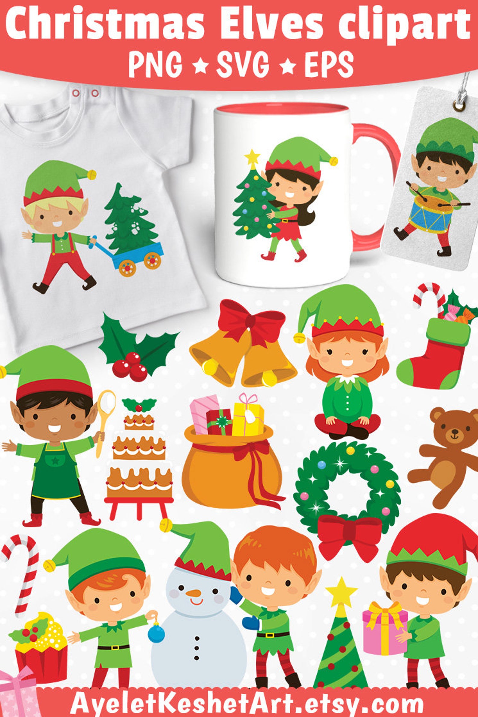 Christmas Elves Clipart. Cute Christmas Clipart Set With Elves | Etsy